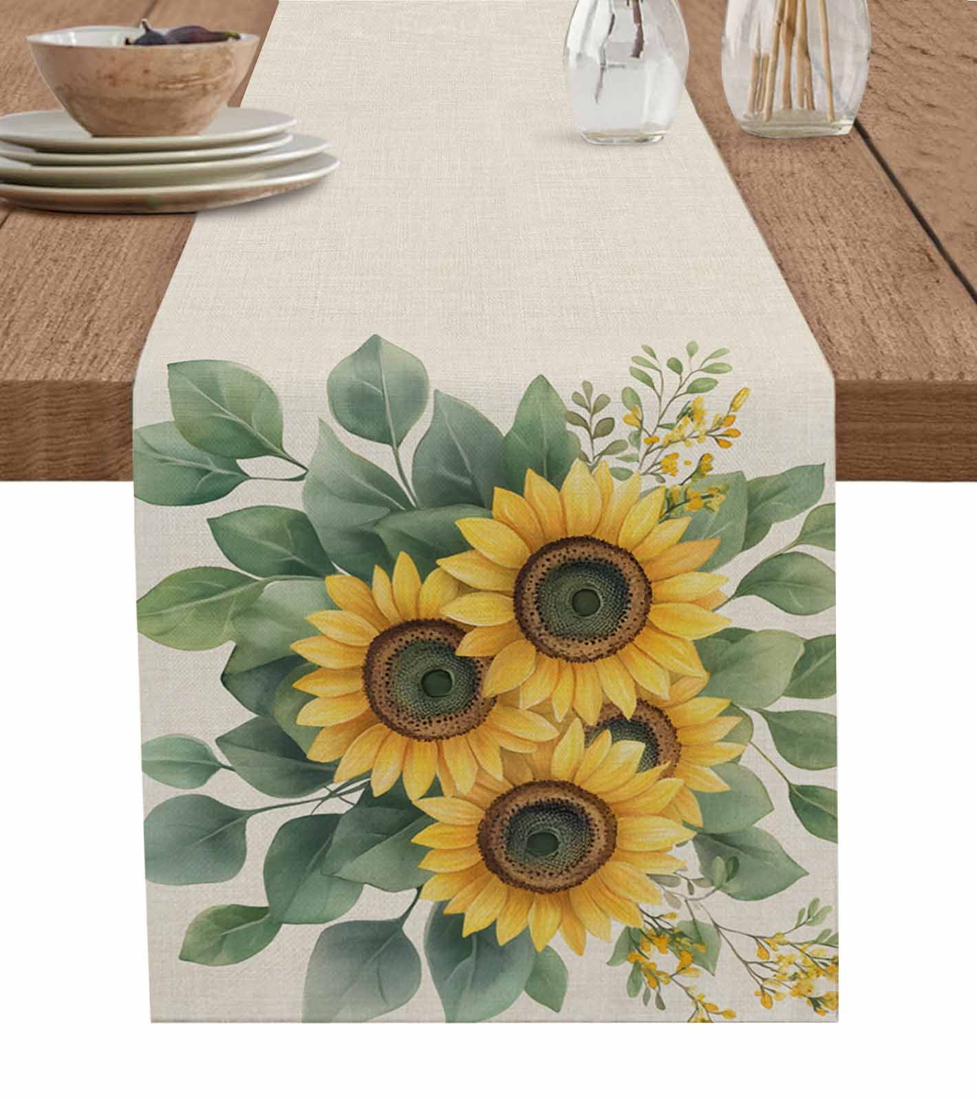 Summer Sunflowers Table Runner 72 Inches, Watercolor Floral Botanical ...