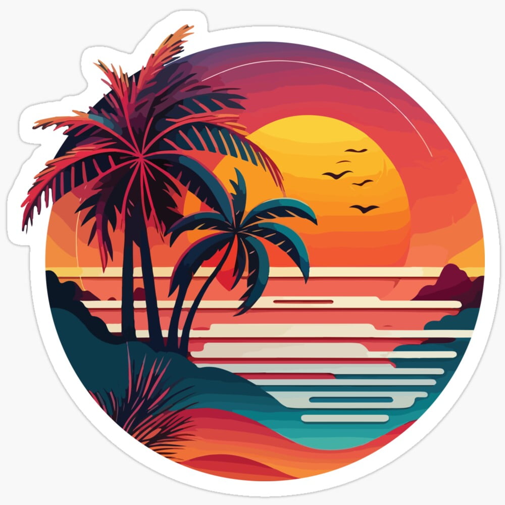 Summer Sunset Palm Tree Beach Ocean Artistic Paradise Sticker Phone ...
