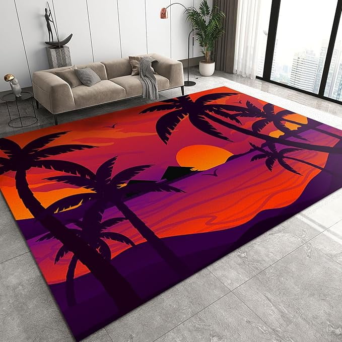 Summer Sunset Seaside Area Rug, Cartoon Abstract Coconut Tree ...