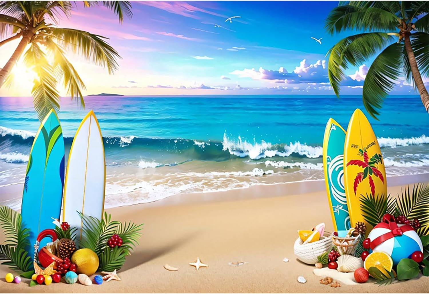Summer Surfboard Beach Backdrop Tropical Hawaiian Seaside Wave Palm ...