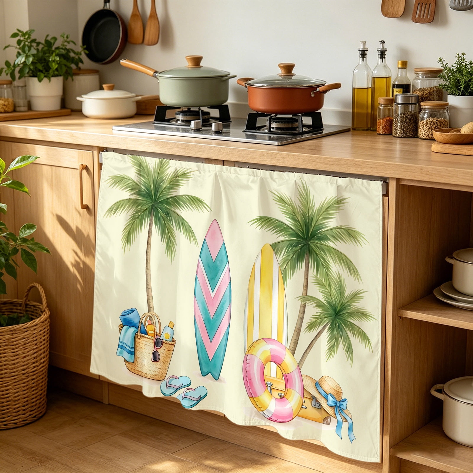 Summer Surfboard Cabinet Curtains for Kitchen 35"W x 35"L, Green Palm ...