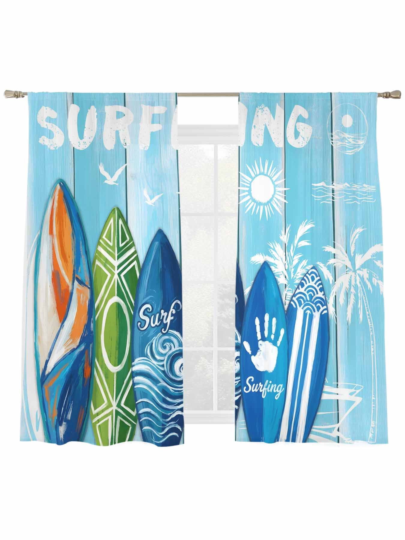 Summer Surfing Sheer Curtains 72 Inch Long 2 Panels, Surfboard Beach ...