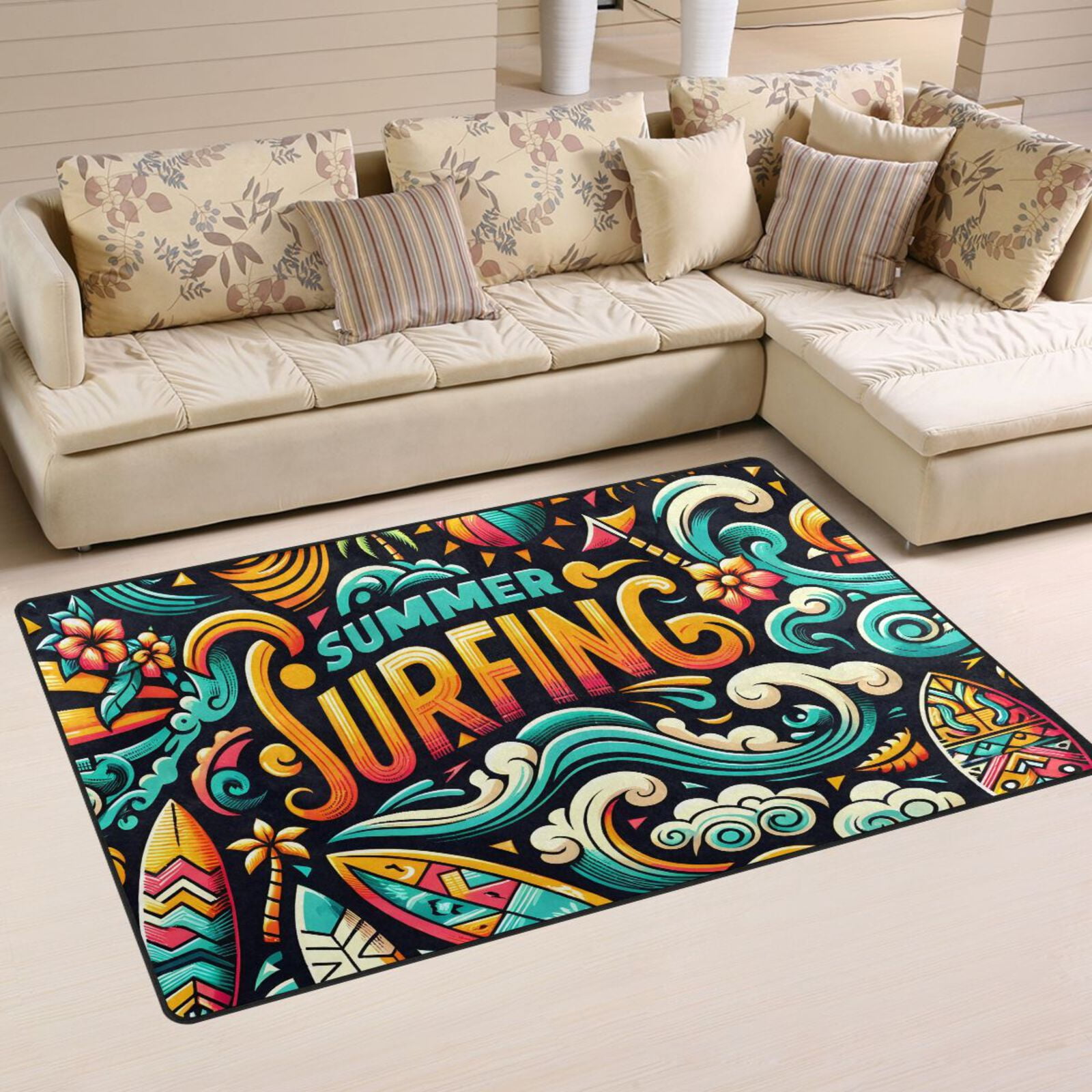 Summer Surfing Surfboard Area Rug Washable Floor Carpet Mat 60 x 39 ...