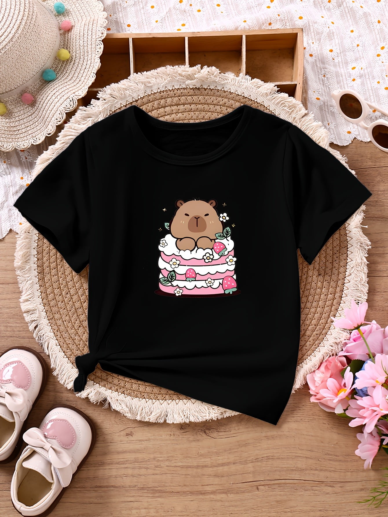 Summer T-Shirt for Girls Featuring a Round Neck, Cartoon Strawberry ...