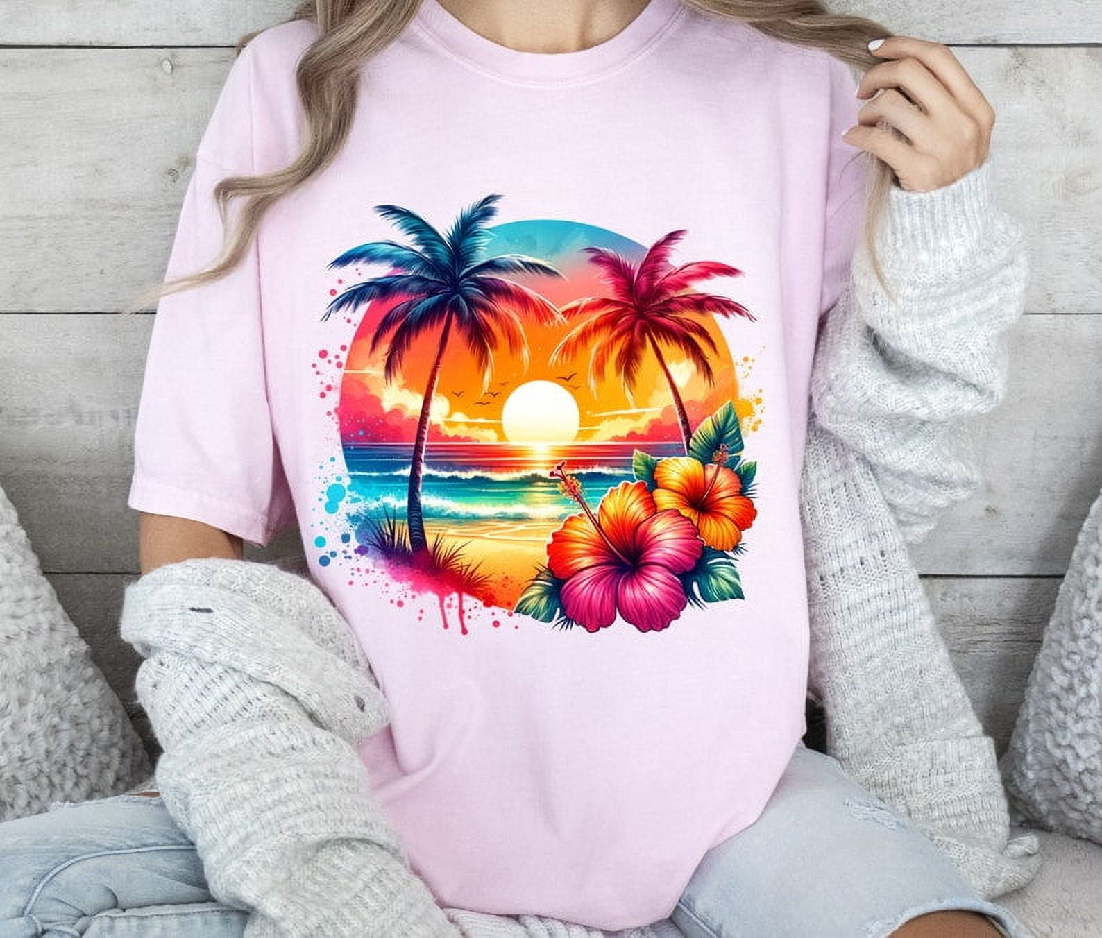Summer T-shirt, Beach Shirt, Palm Trees Shirt, Hibiscus Flowers Shirt ...