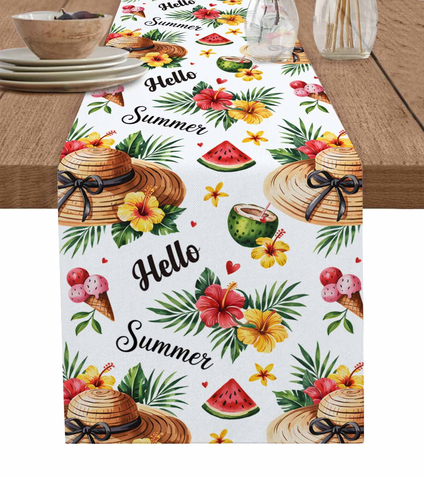Summer Table Runner 36 Inches, Tropical Plants Watermelon Coconut Straw ...