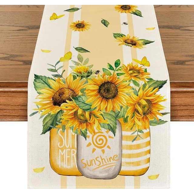 Summer Table Runner, Sunflower Vase Sunshine Yellow Seasonal Farmhouse ...