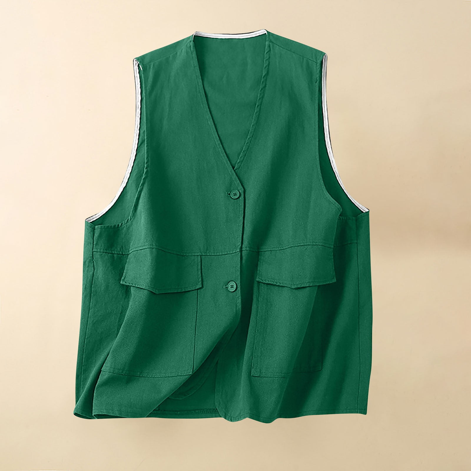 Summer Tank Tops For Women V-neck Cuffless Pocket Button Solid Color ...