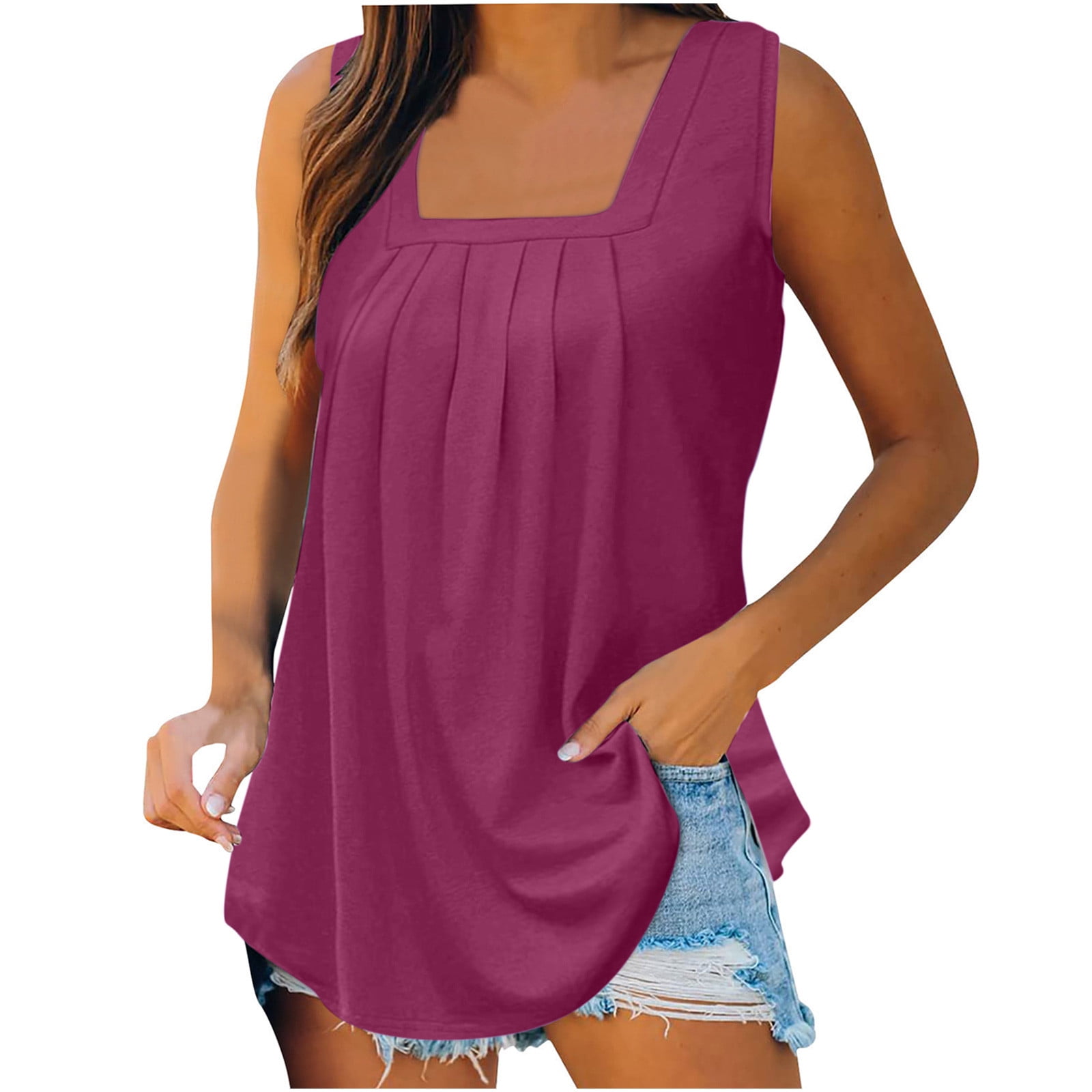 Summer Tank Tops for Women 2025 Loose Fit Pleated Square Neck ...