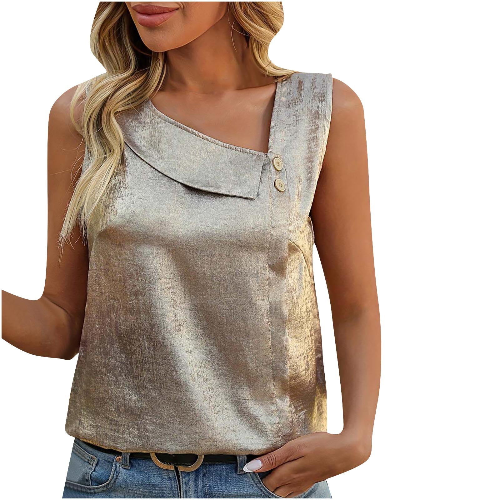 Summer Tank Tops for Women Asymmetrical Collar Casual Sleeveless Button ...