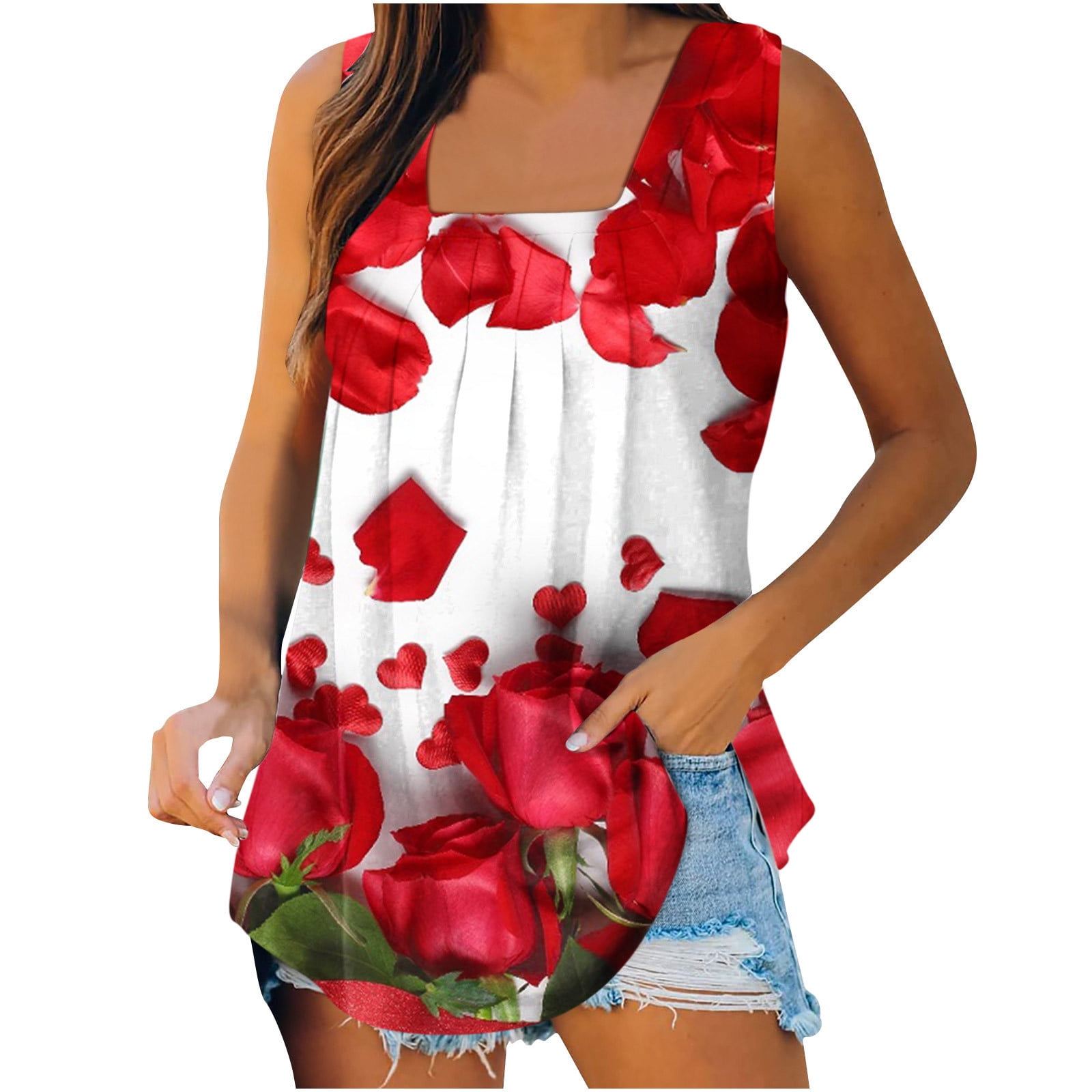 Summer Tank Tops for Women Loose Fit Pleated Square Neck Classic Tunics Sleeveless Tops Shirt ...