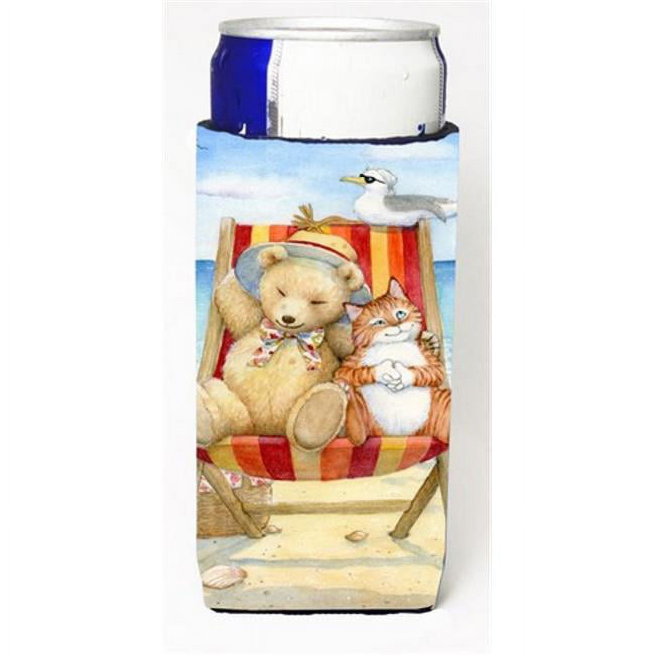 Summer Teddy Bear & Cat on Beach Michelob Ultra Can coolers for Slim ...