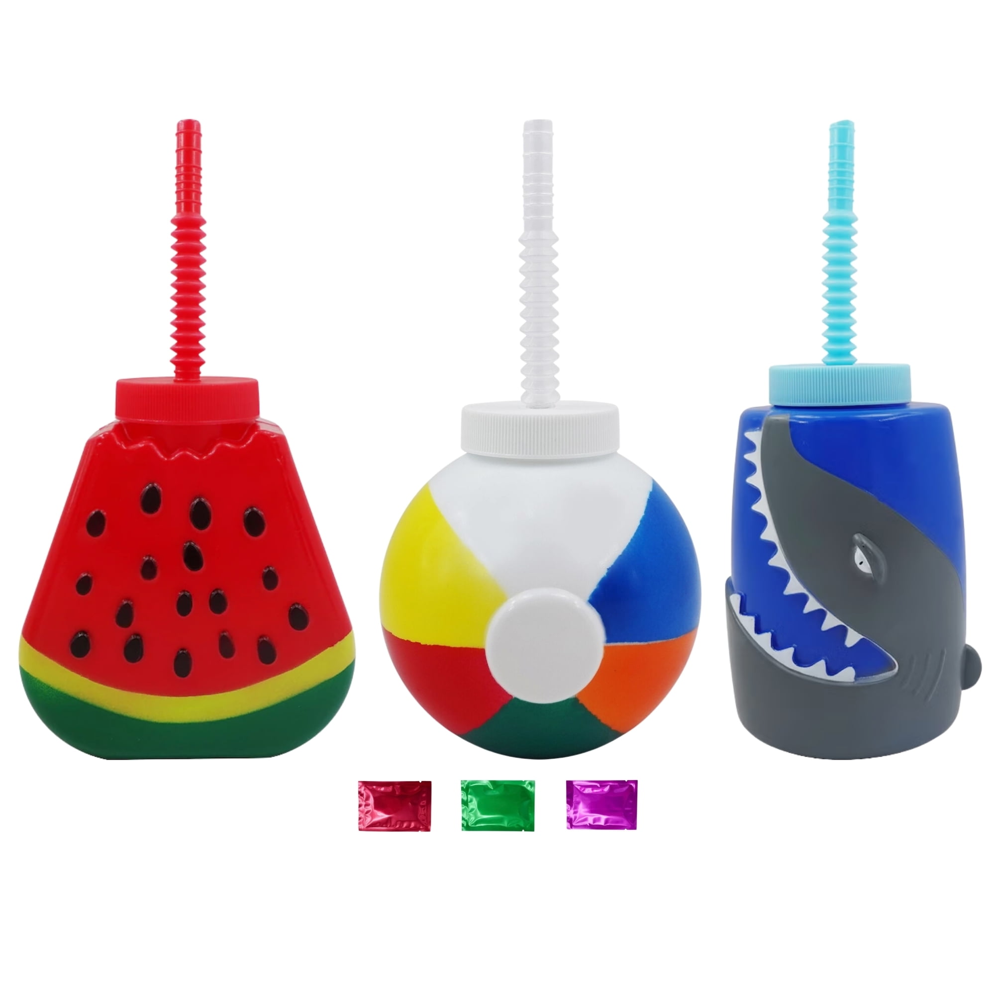 Summer Themed Sipper Cups with Straws 3 Pack - Watermelon, Beach Ball ...