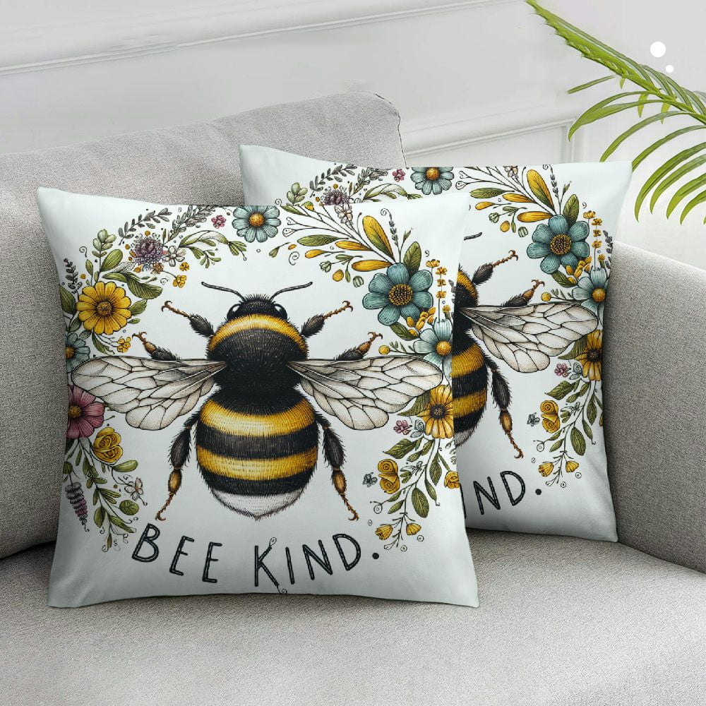 Summer Throw Pillow Cover - 'Bee Kind' Bee Floral Wreath Design ...