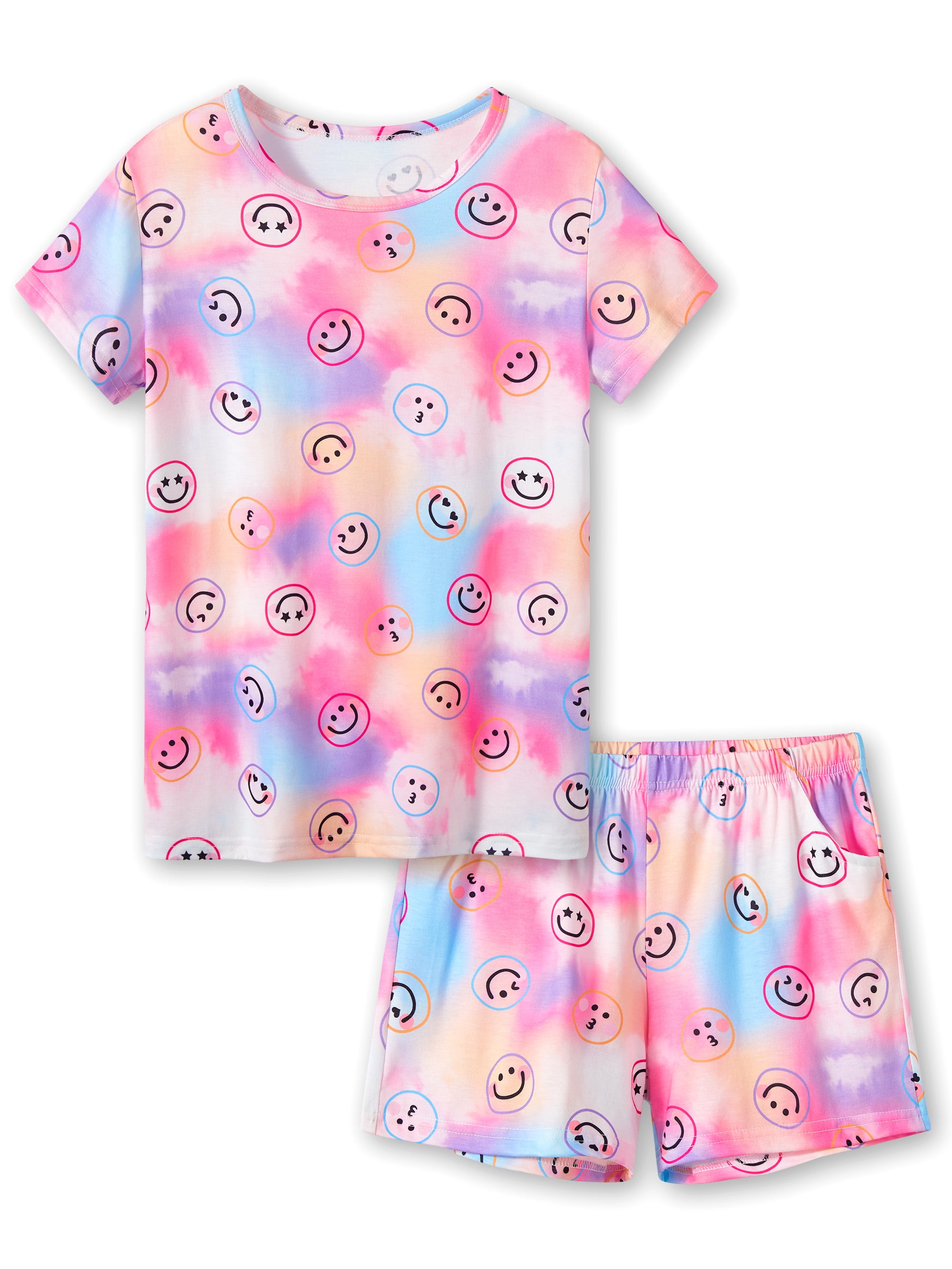 Summer Tie Dye Pajamas for Girls Smiling Face Pattern Tween Clothes PJ ...