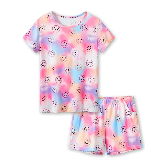 Summer Tie Dye Pajamas for Girls Smiling Face Pattern Tween Clothes PJ ...