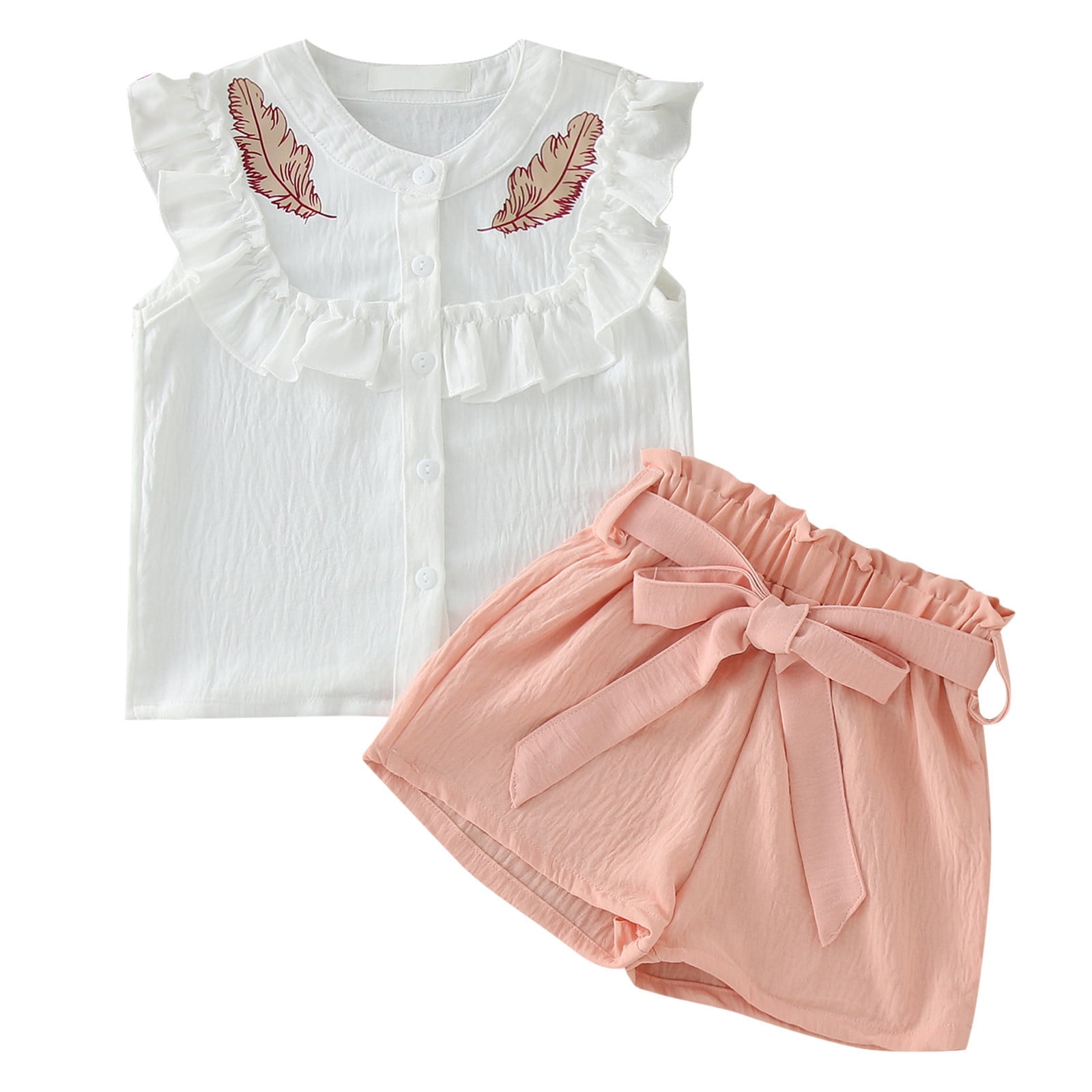 Summer Toddler Girls Sleeveless Feather Prints Ruffles Tops Shorts Two ...