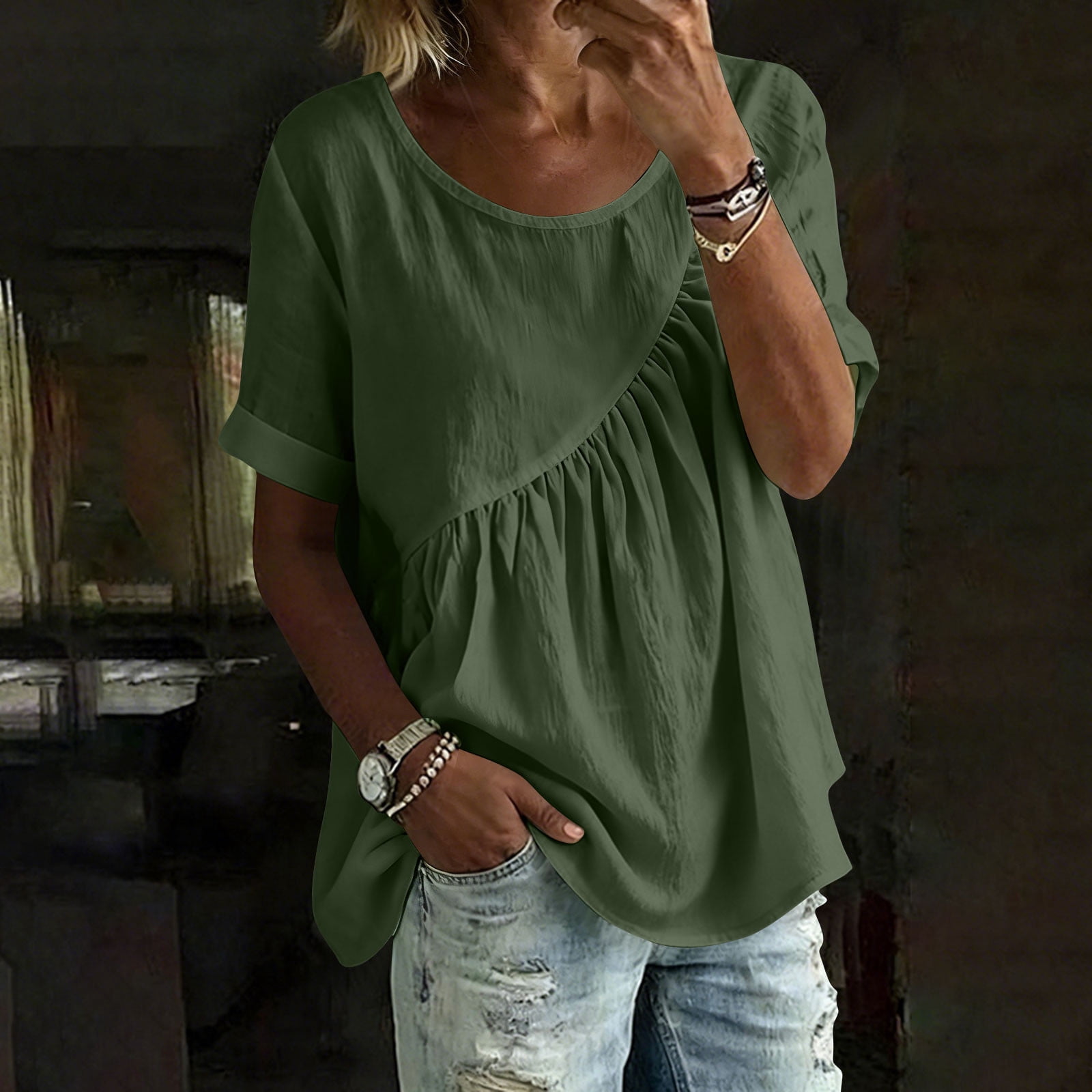 Summer Tops For Women 2026 Casual Round-neck Loose Plain-color Short ...