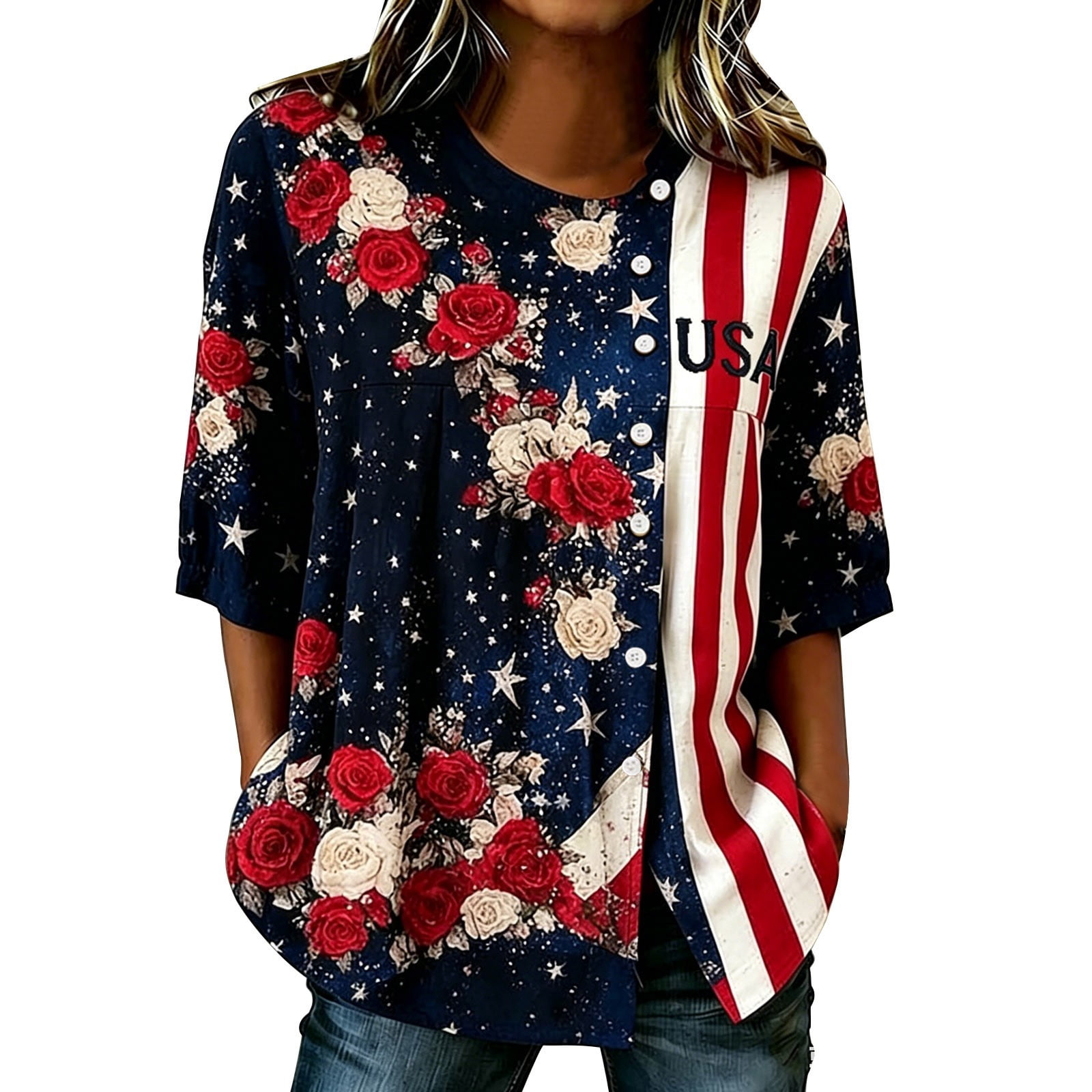 Summer Tops For Women Patriotic 250th Design Round Neck Linen Blend ...