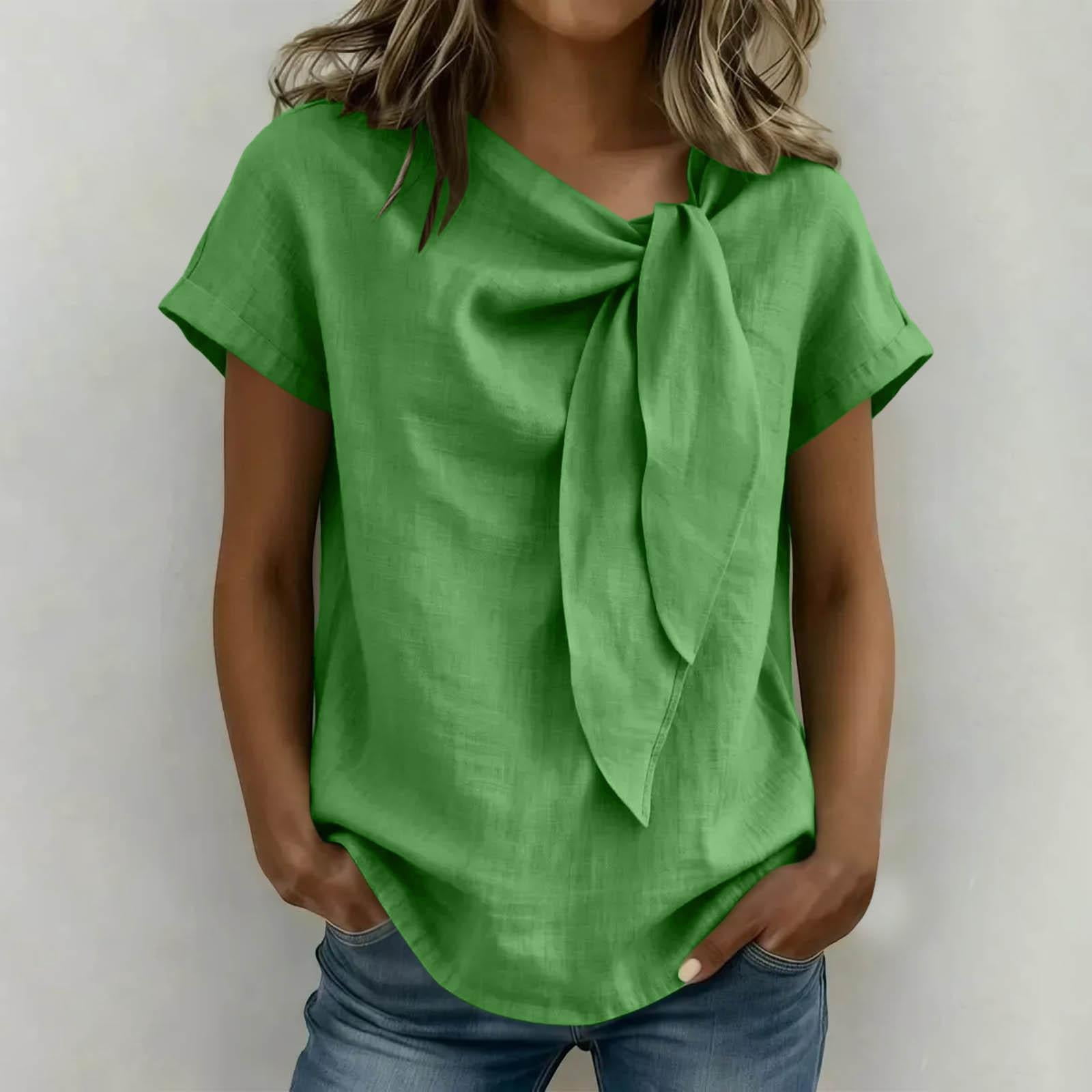 Summer Tops For Women Solid Color Fashion Bow V-Neck Loose Short Sleeve ...