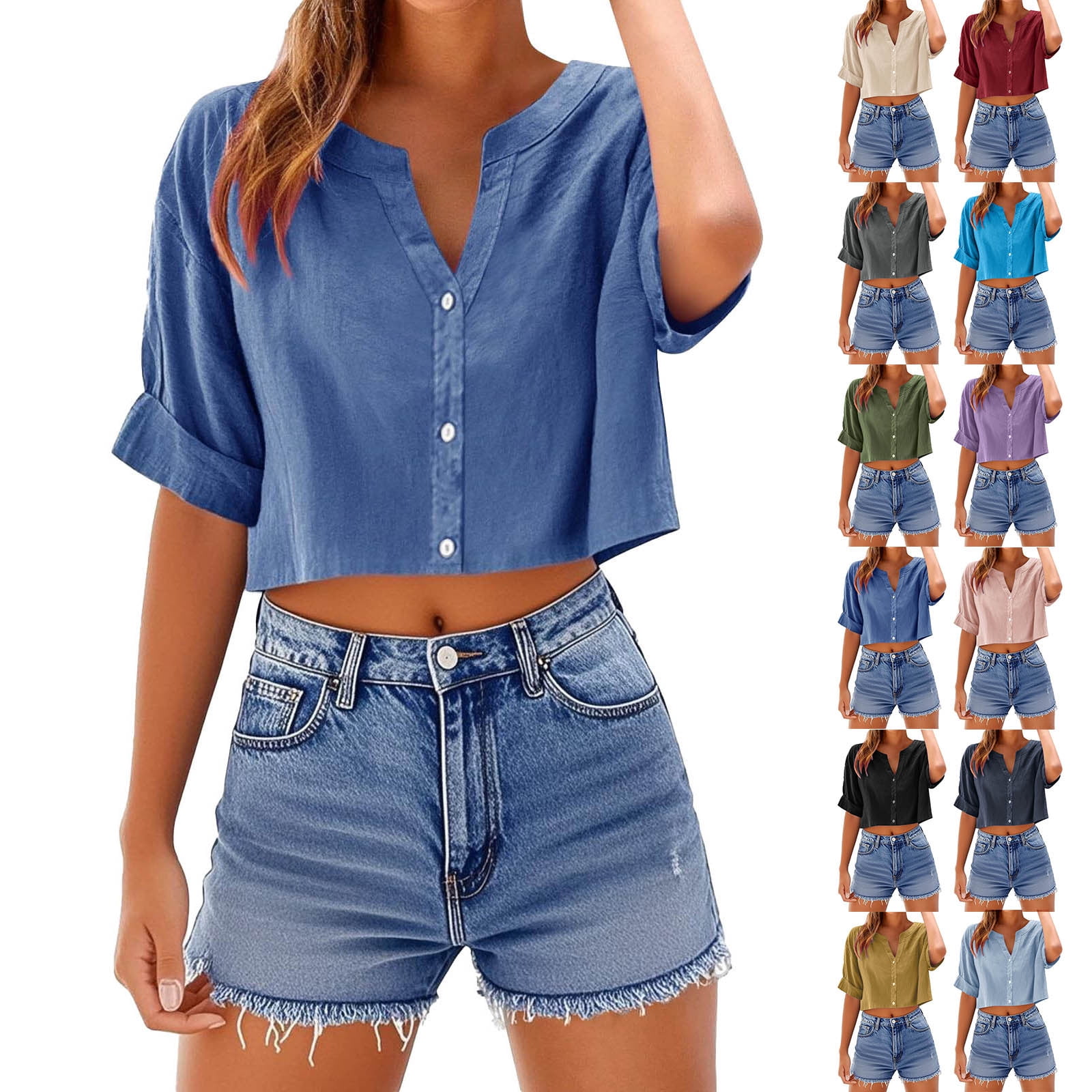 Summer Tops Women Cotton Linen Crop Short Sleeve Shirts Beach Vacation ...