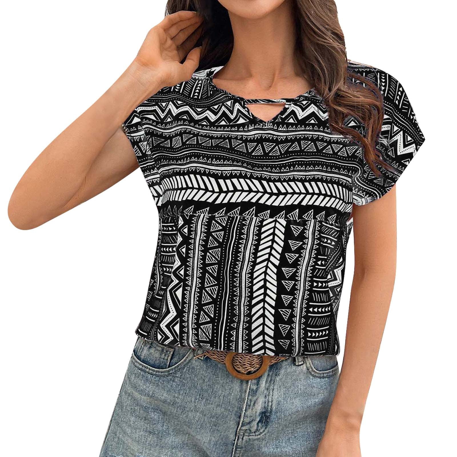 Summer Tops for Women Geometric Pattern Round Neck Short Sleeve Blouse ...