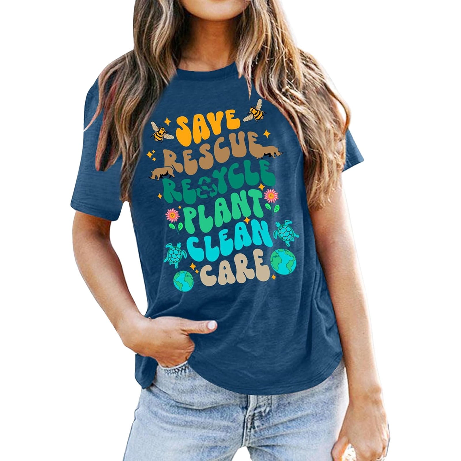 Summer Tops for Women Round Neck Letter Print Short Sleeve T Shirt ...