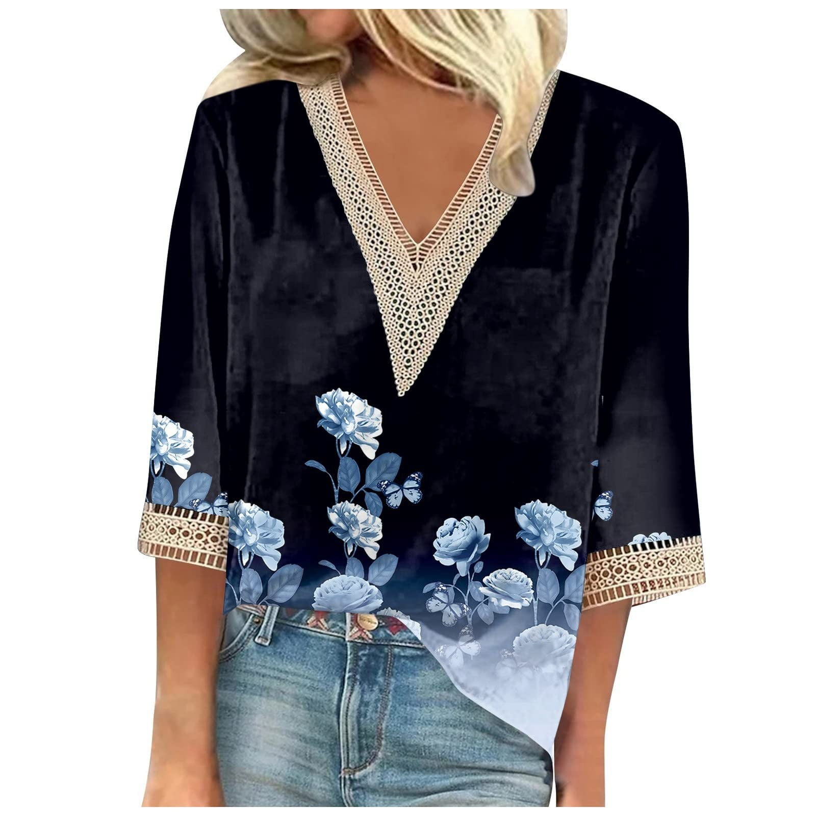Summer Tops for Women V Neck Lace Short Sleeve T Shirt Casual Summer ...