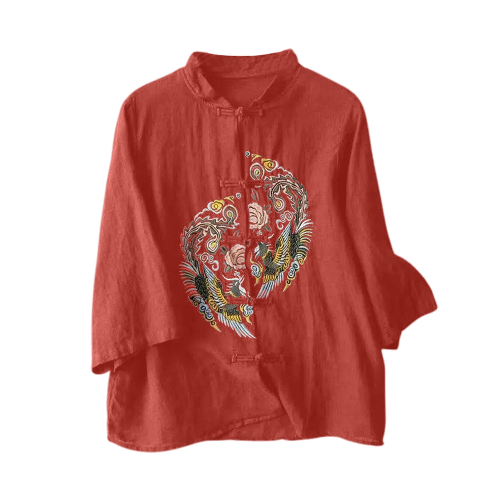 Summer Tops for Women Vintage Ethnic Embroidered Linen Shirt With ...