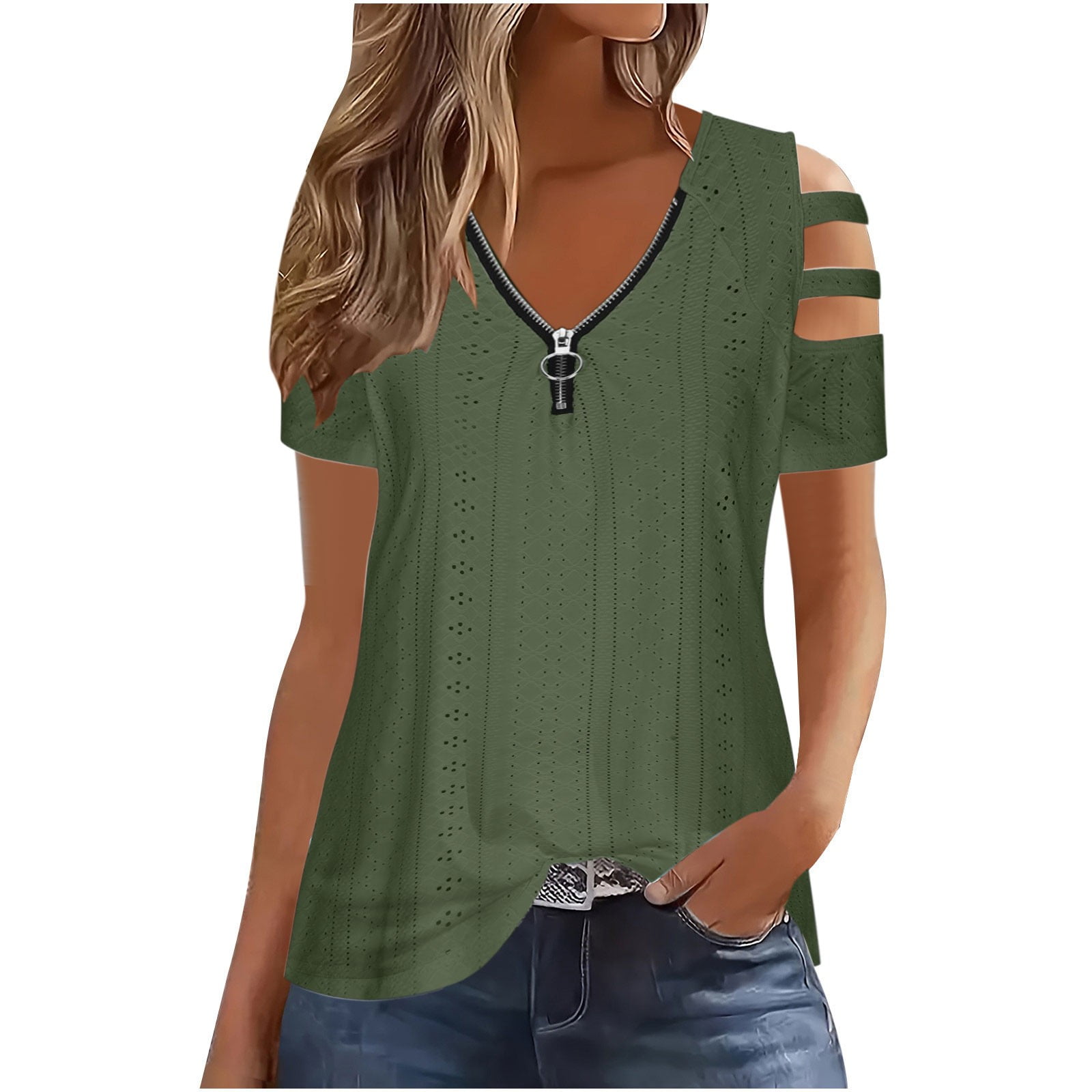qucoqpe Summer Tops Womens Tunic Tops Short Sleeve Cut Out Shoulder V ...
