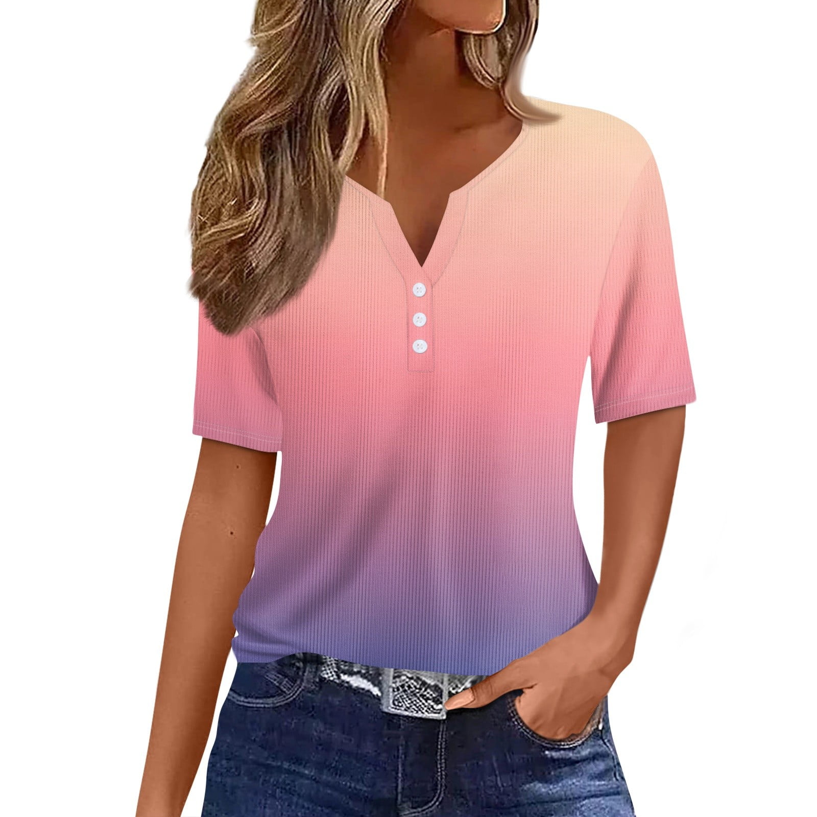 Summer Tops for Women 2025 Button V Neck Boho Short Sleeve Shirts ...