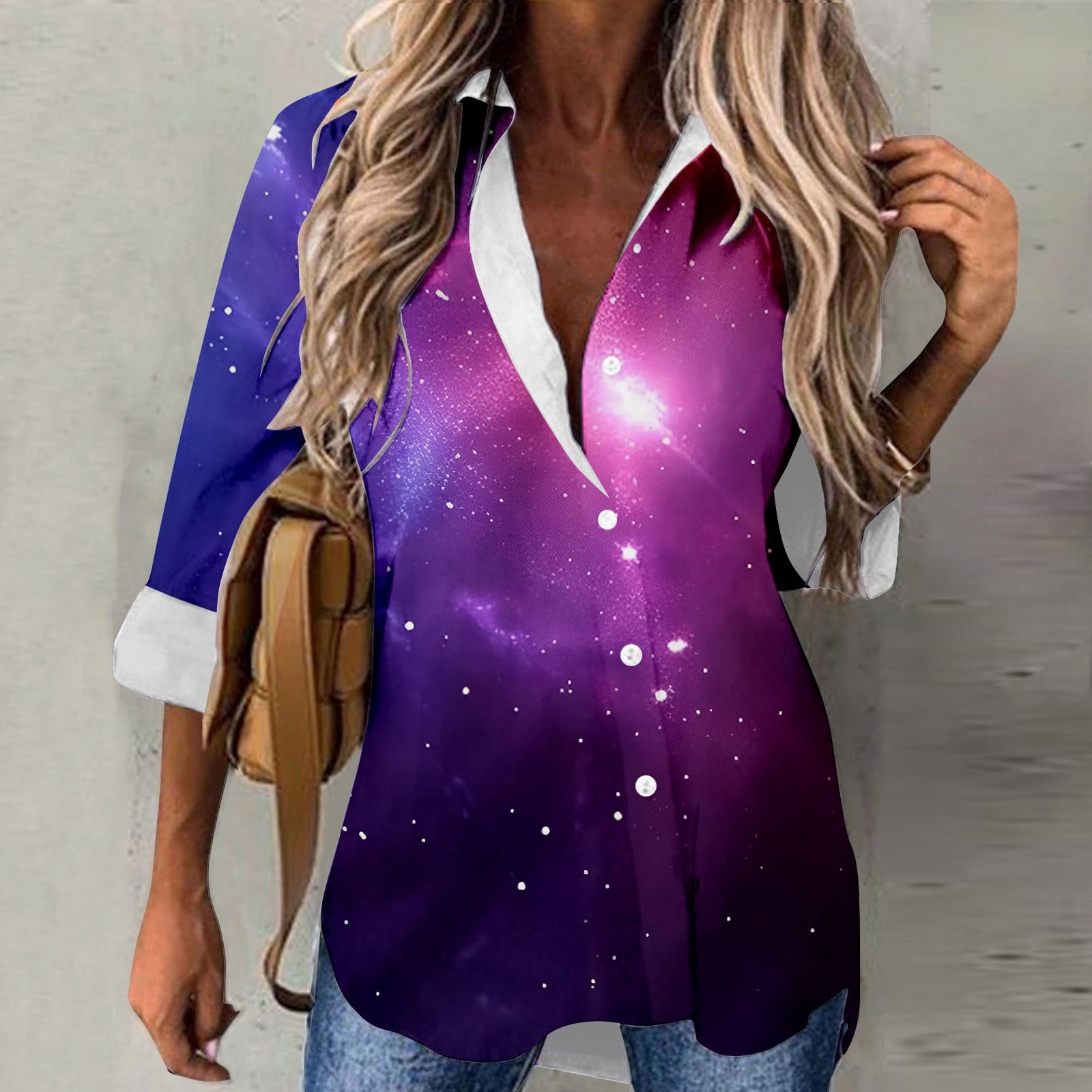 Summer Tops for Women 2025 Collared Blouse Casual Long Sleeve Button Up ...