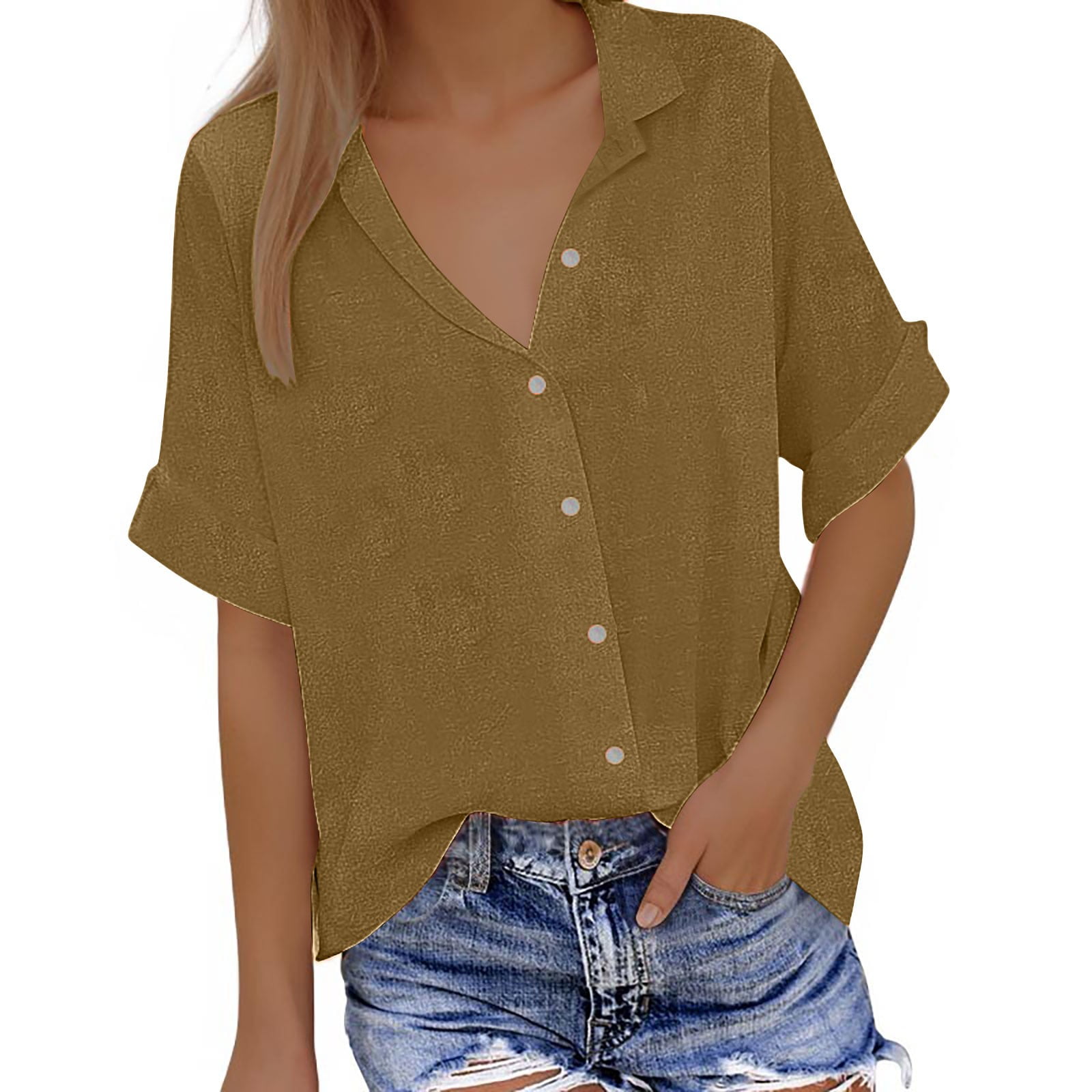 Summer Tops for Women 2025 Cotton Linen Button Down Shirt Rolled Cuffed Short Sleeve V Neck ...