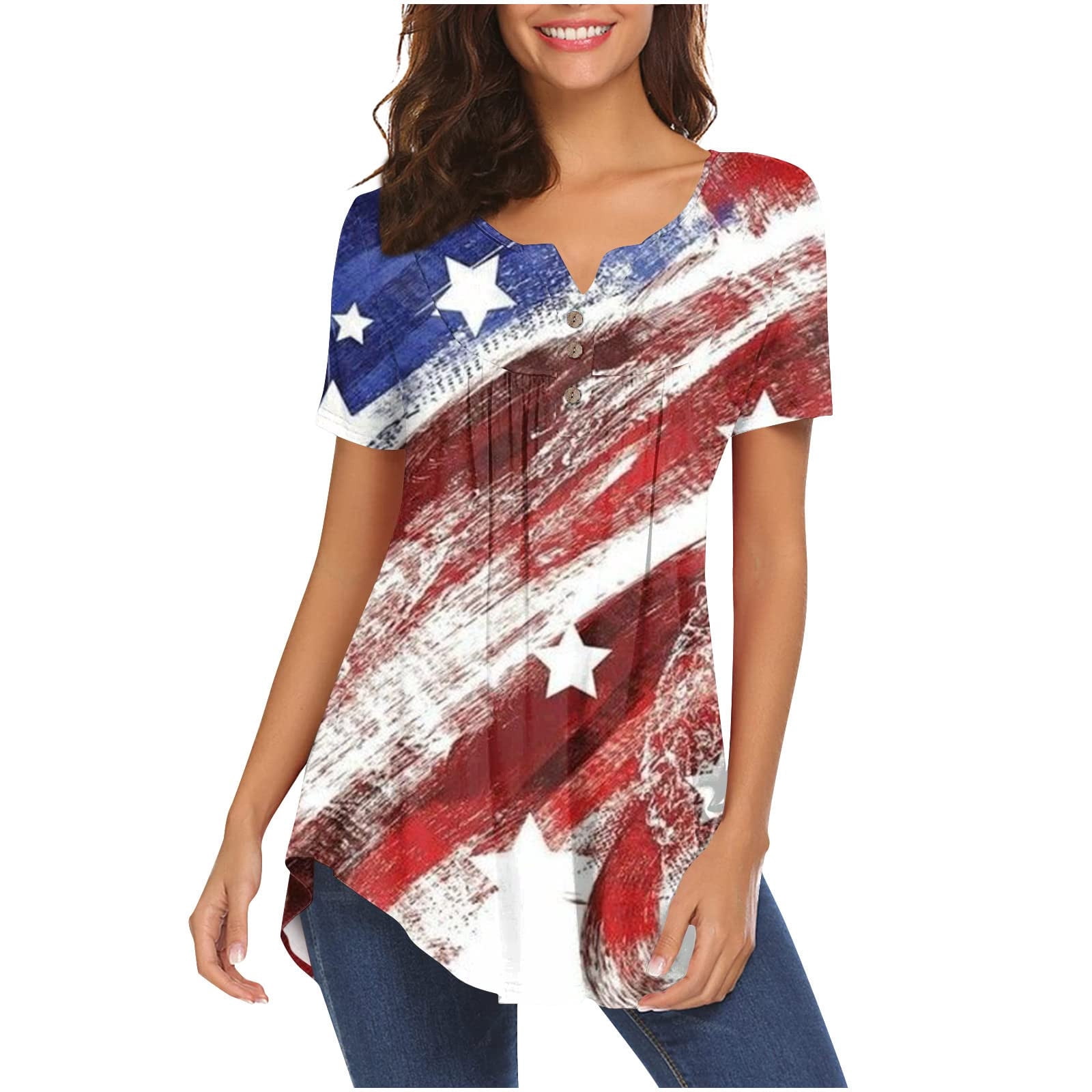 Summer Tops for Women 2025 V Neck Ruched Casual Flowy Blouses Star ...