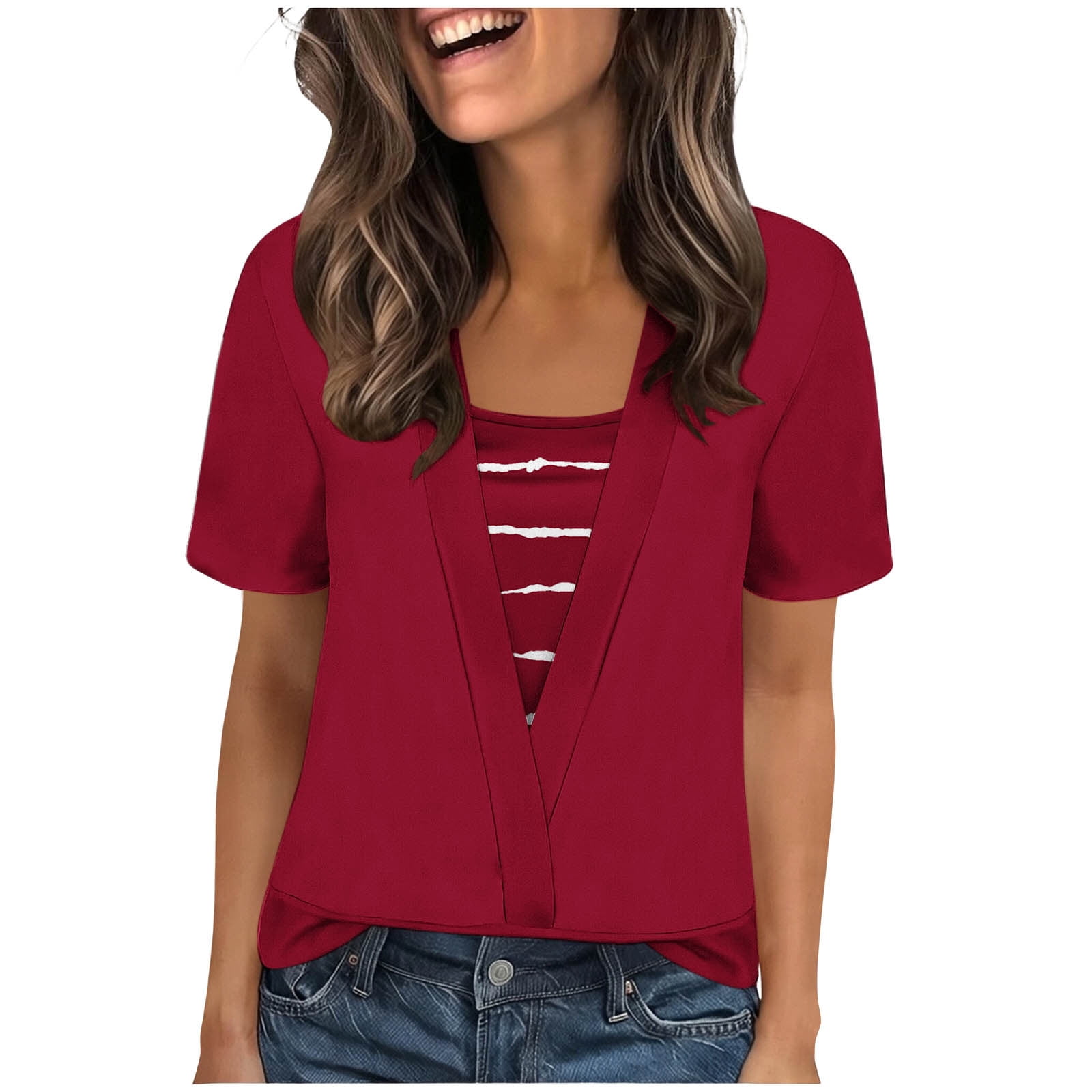 Summer Tops for Women 2026, Women Polka Dot 2 in 1 Blouse Square Neck ...