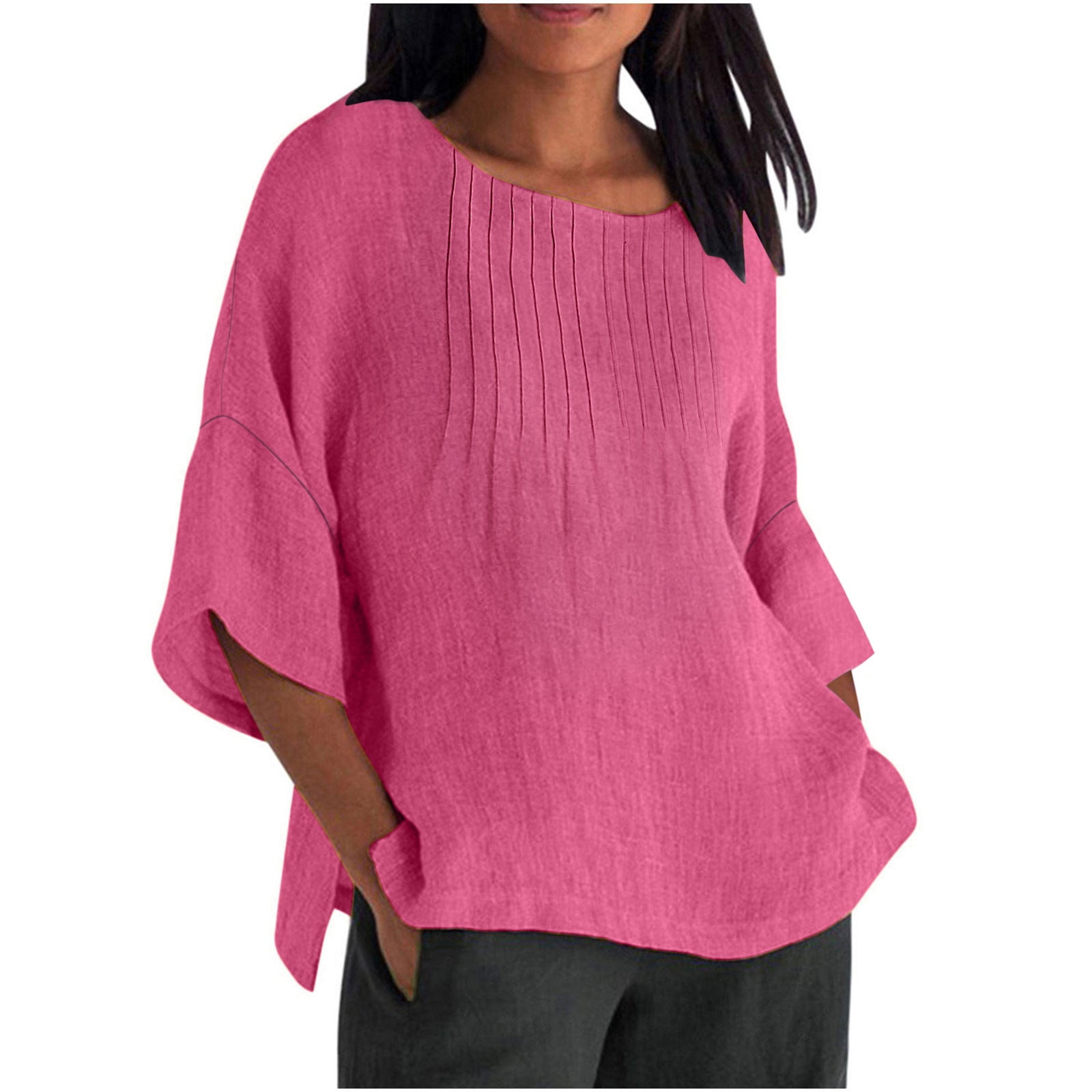 Summer Tops for Women 3/4 Length Sleeve Cotton Linen Shirts Crewneck ...