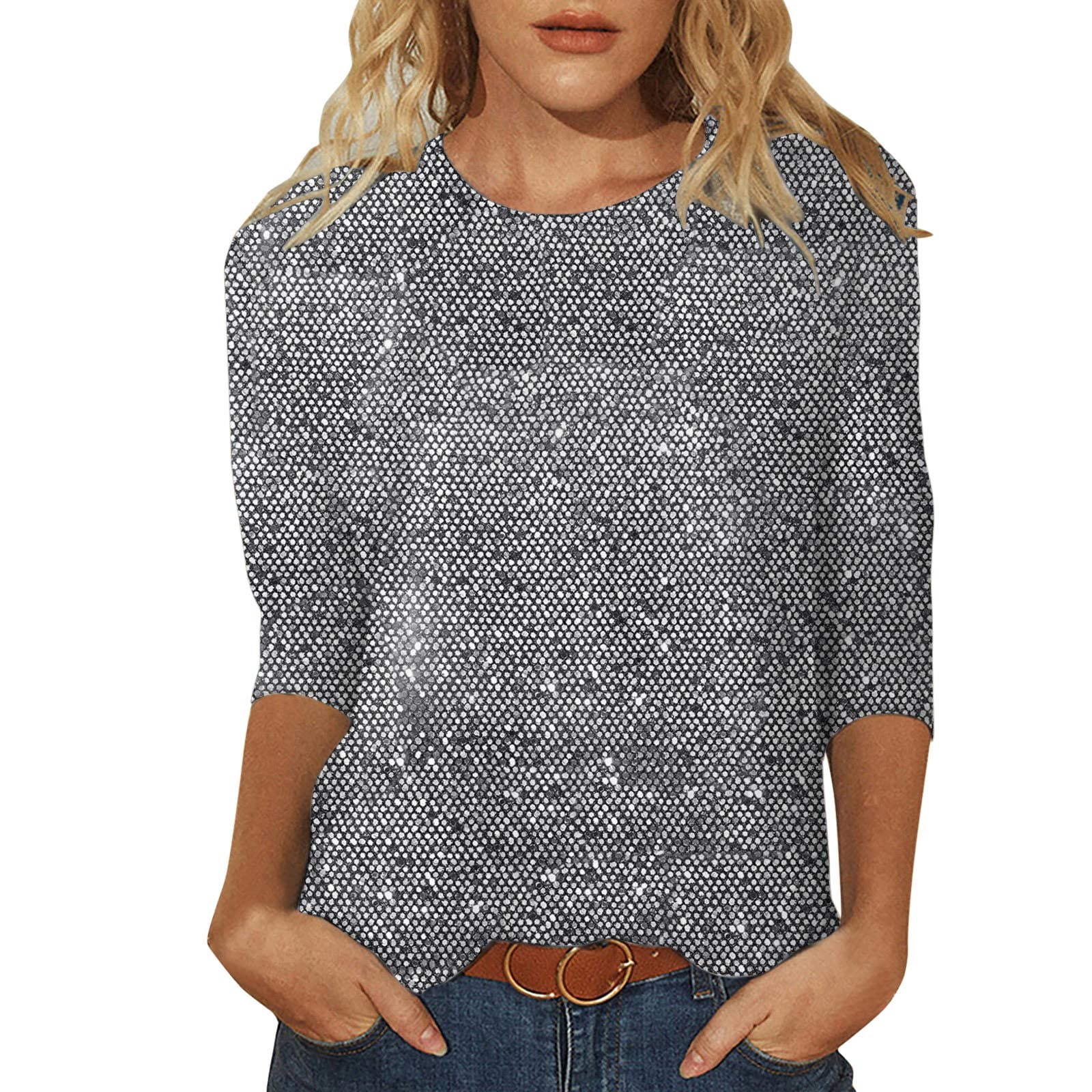 Summer Tops for Women 3/4 Sleeved Sequin Printed Round Neck Top T Shirt ...