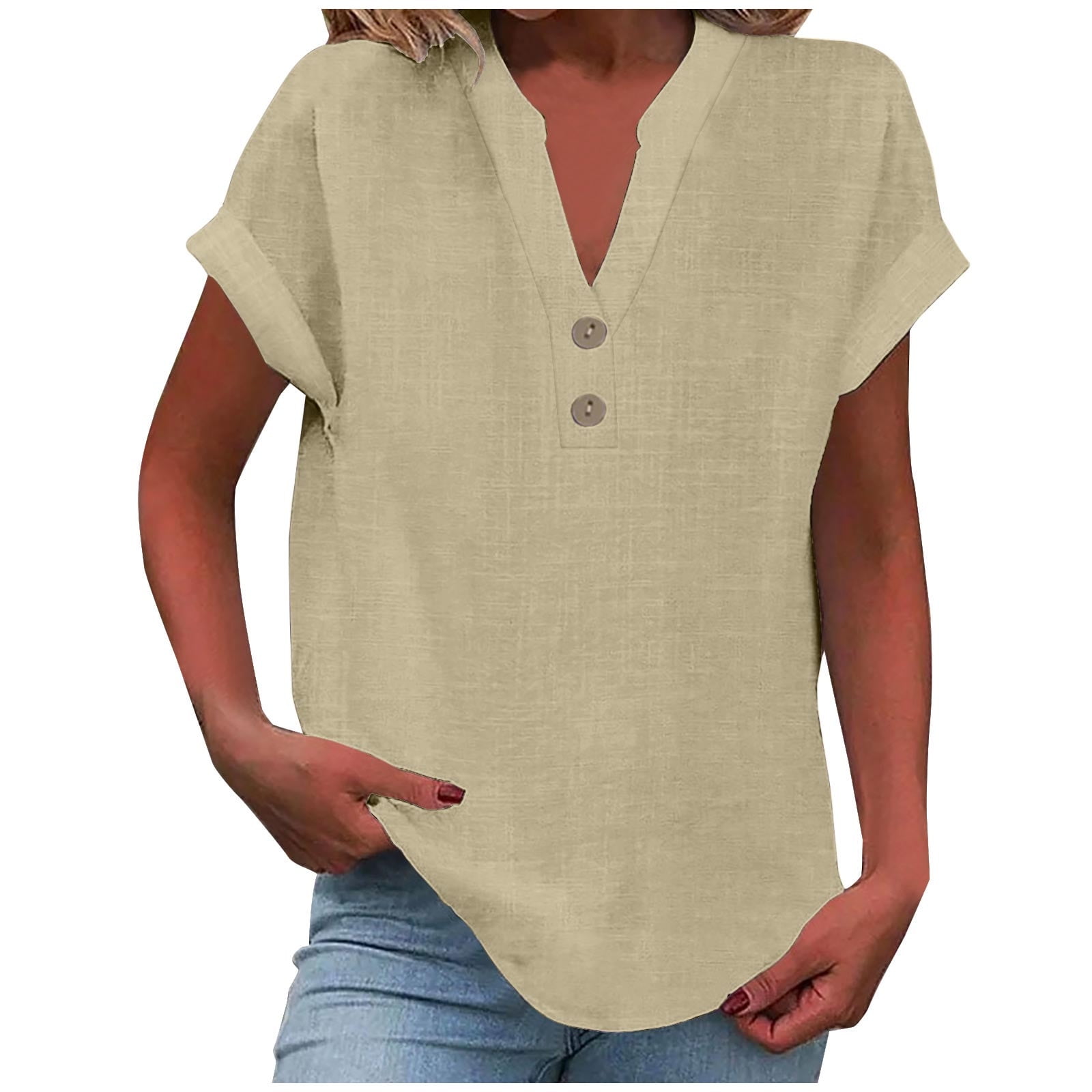 Summer Tops for Women Button Linen Shirt Short Sleeve V Neck T Shirts ...