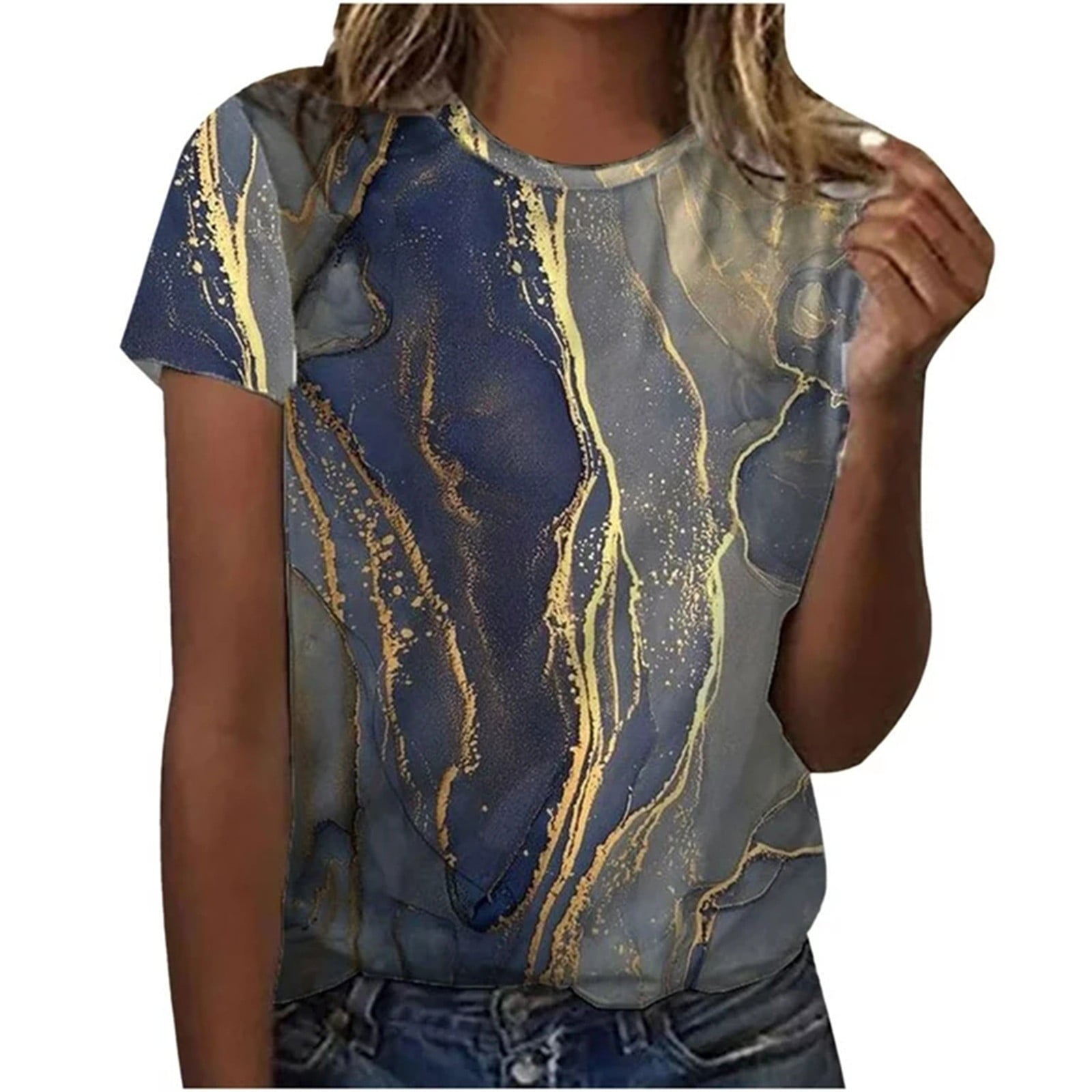 Summer Tops for Women Casual Short Sleeve Flower Print Round Neck ...