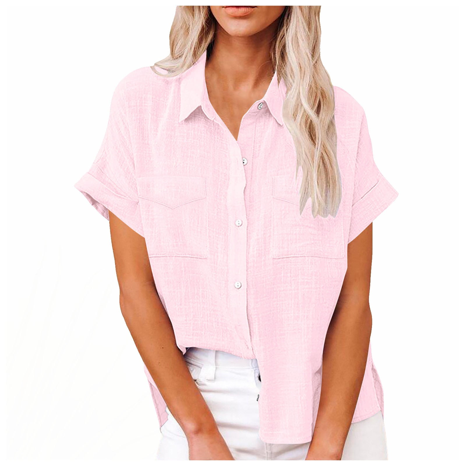 Summer Tops for Women Casual Short Sleeve Solid Top Pocket Button Down Blouse Shirts for Women ...