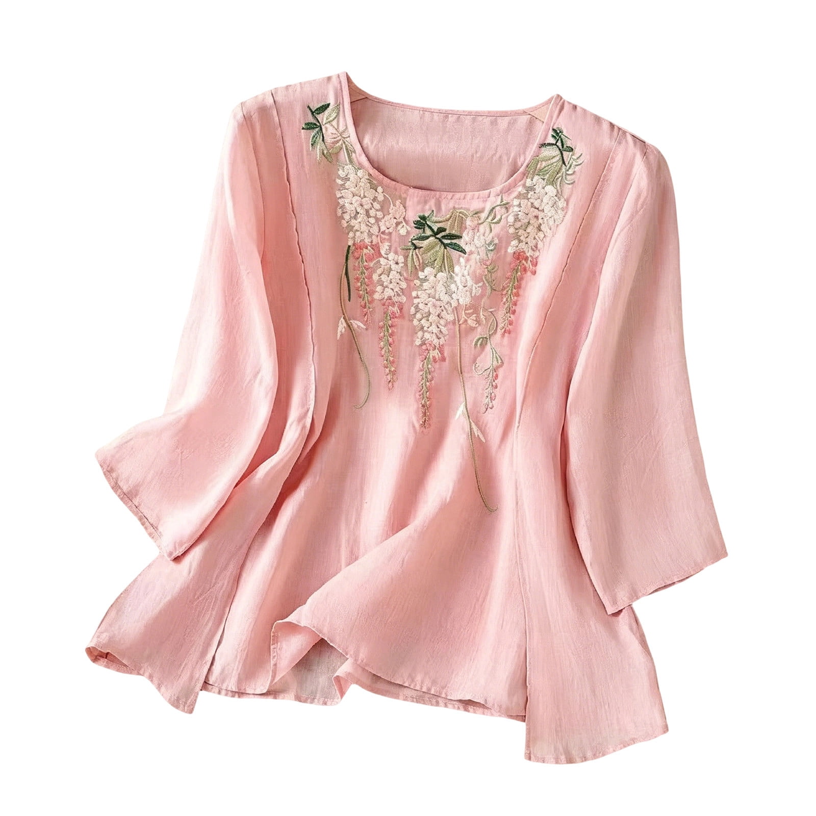 Summer Tops for Women Embroidered 3/4 Sleeve Boho Linen Shirts V Neck ...