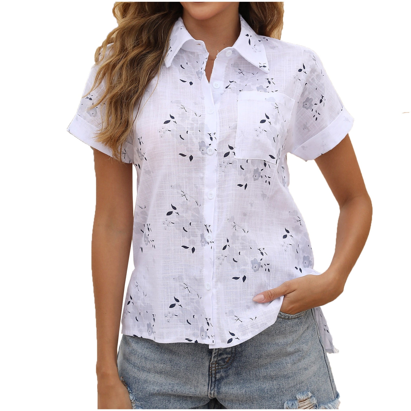 Besolor Womens Cotton Linen Button down Shirts Printed Short Sleeve ...