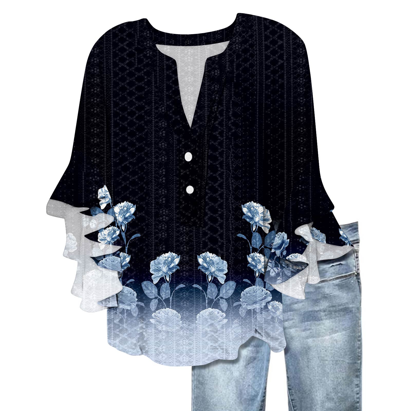 Summer Tops for Women Ruffle 3/4 Length Sleeve Fitted Shirts Buttons ...