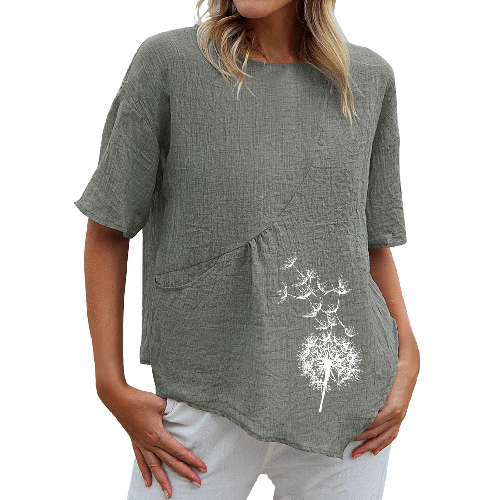 Summer Tops for Women Short Sleeve Basic Linen T Shirts Blouses ...