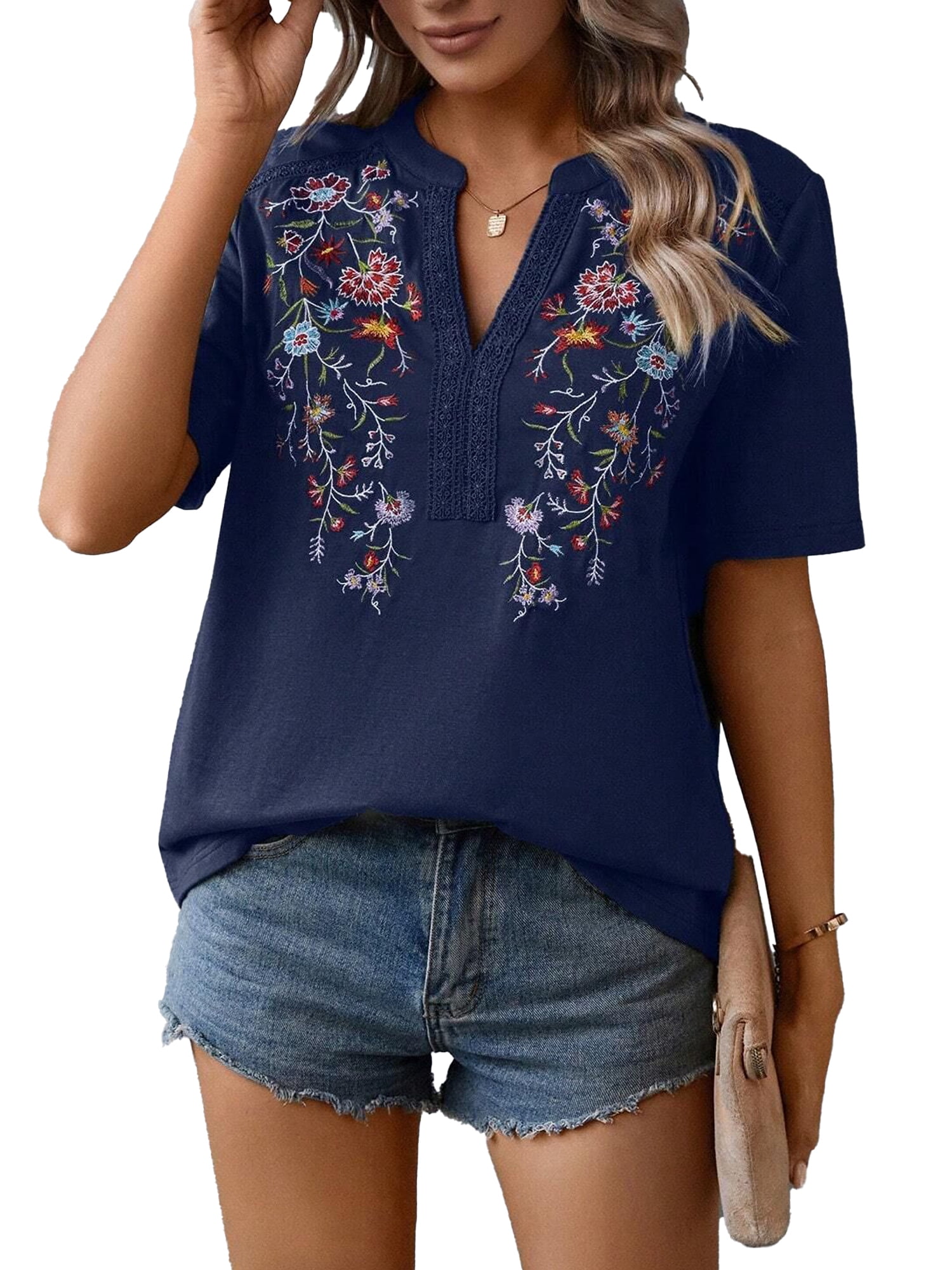 Summer Tops for Women Short Sleeve V Neck T Shirt Floral Embroidery ...
