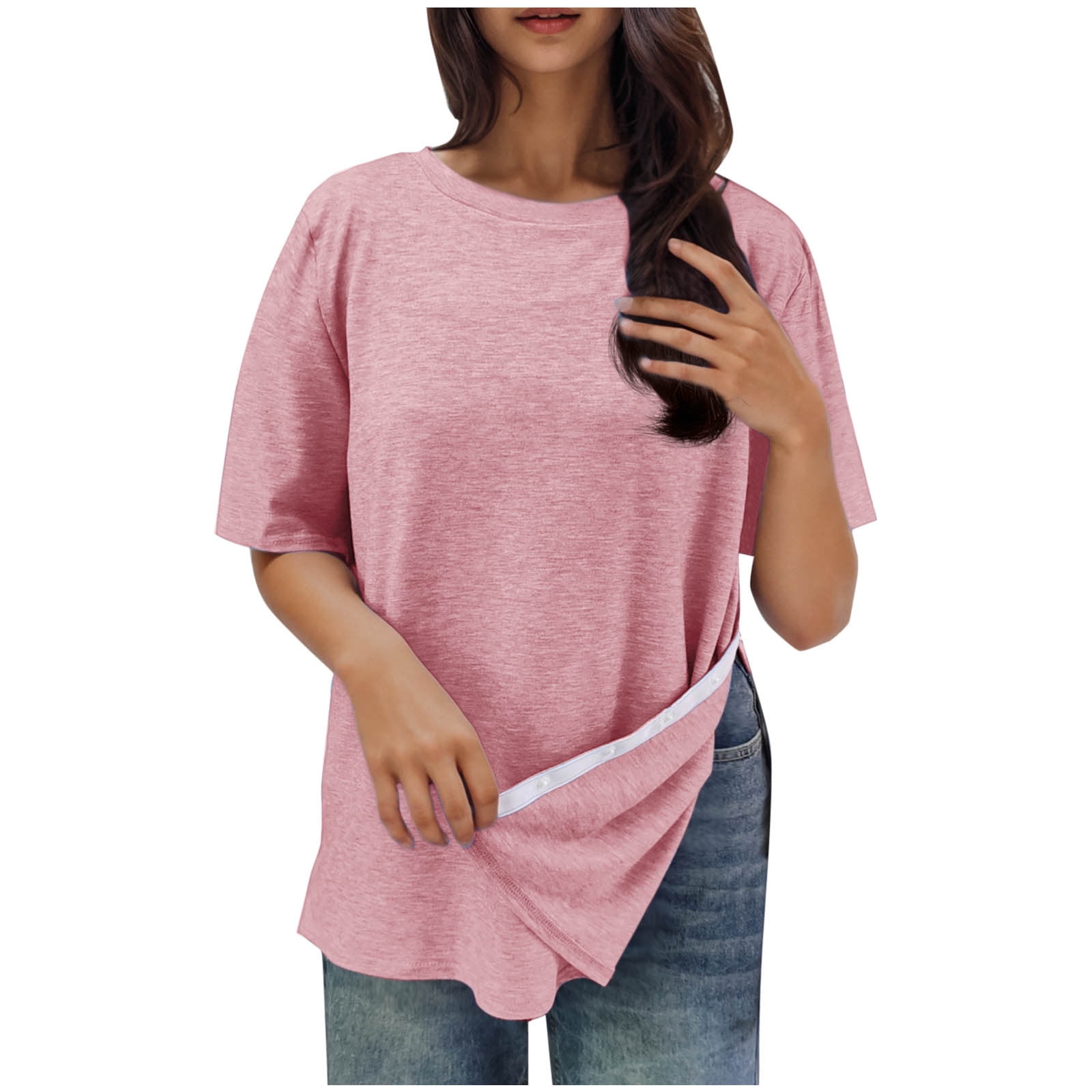 Summer Tops for Women Side Split Crew Neck T-Shirt Casual Loose Trendy ...