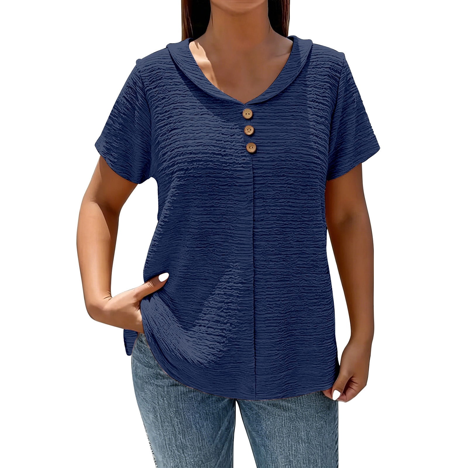 Summer Tops for Women Textured Fabric V Neck Button Decor Loose Short ...