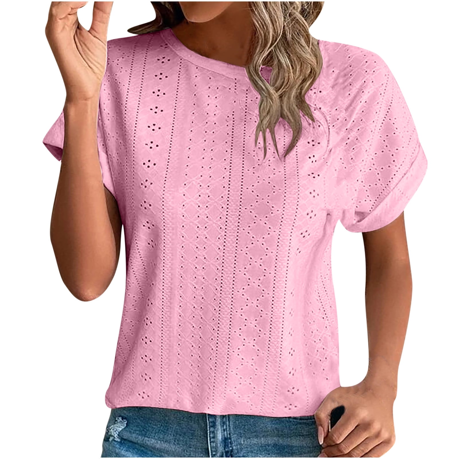 Besolor Summer Tunic Tops for Women Crewneck Short Sleeve Eyelet Shirts ...