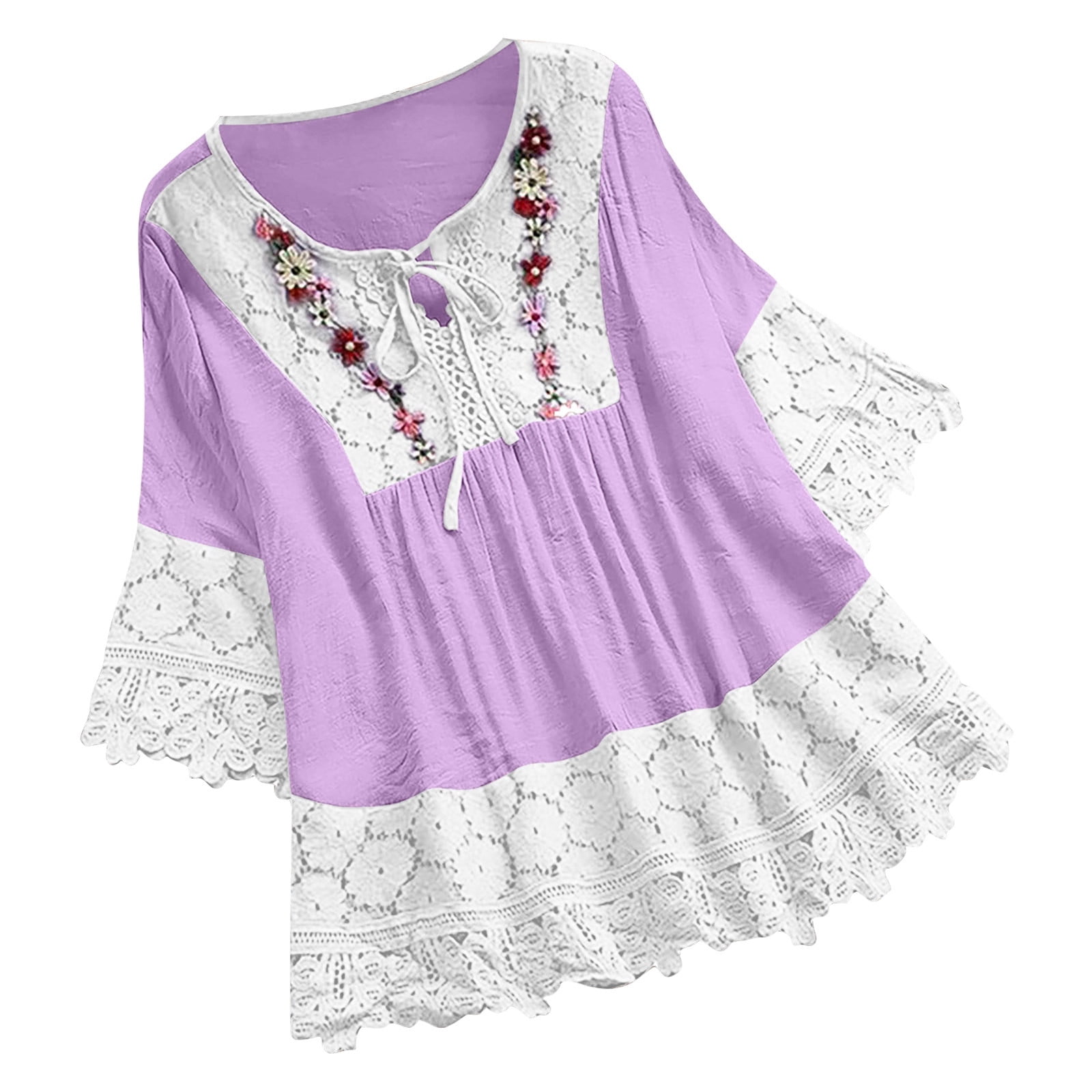 Summer Tops for Women Vintage Linen Panel Lace Style V Neck Loose ...