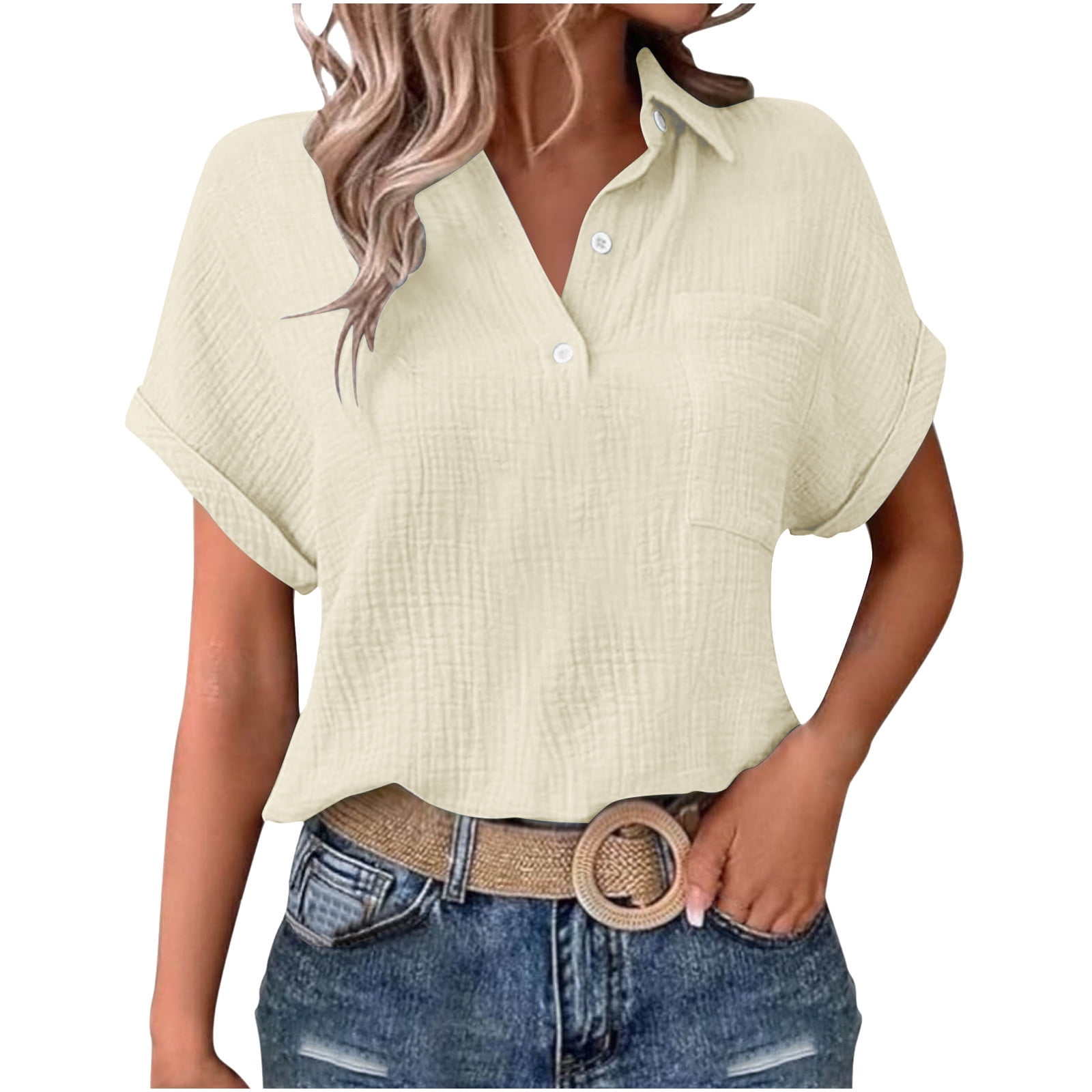 Summer Tops for Womens Waffle Knit Button Down Shirts Tops Casual V ...
